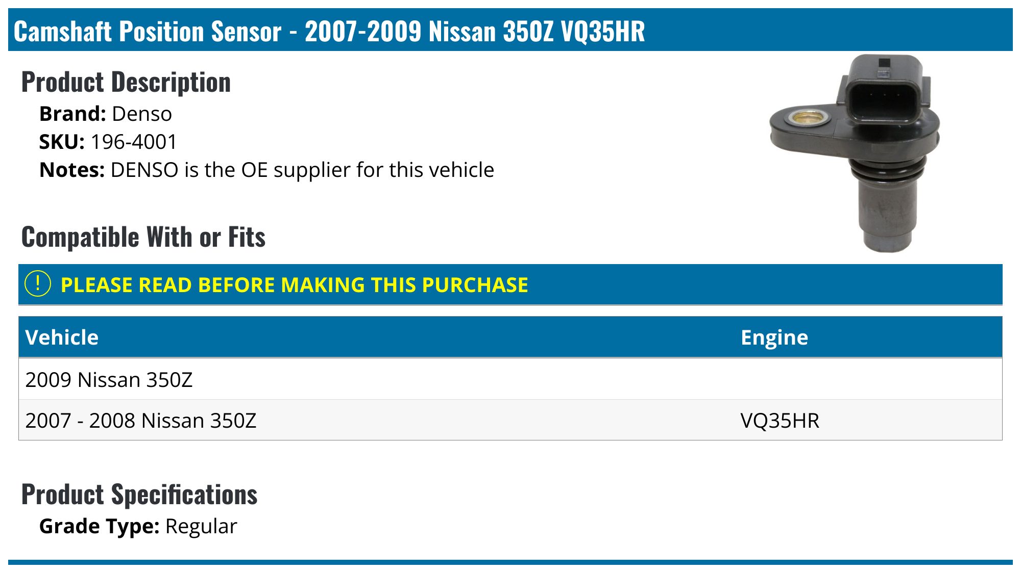 2007-2009 Nissan 350Z Camshaft Position Sensor - Denso 196-4001 ...