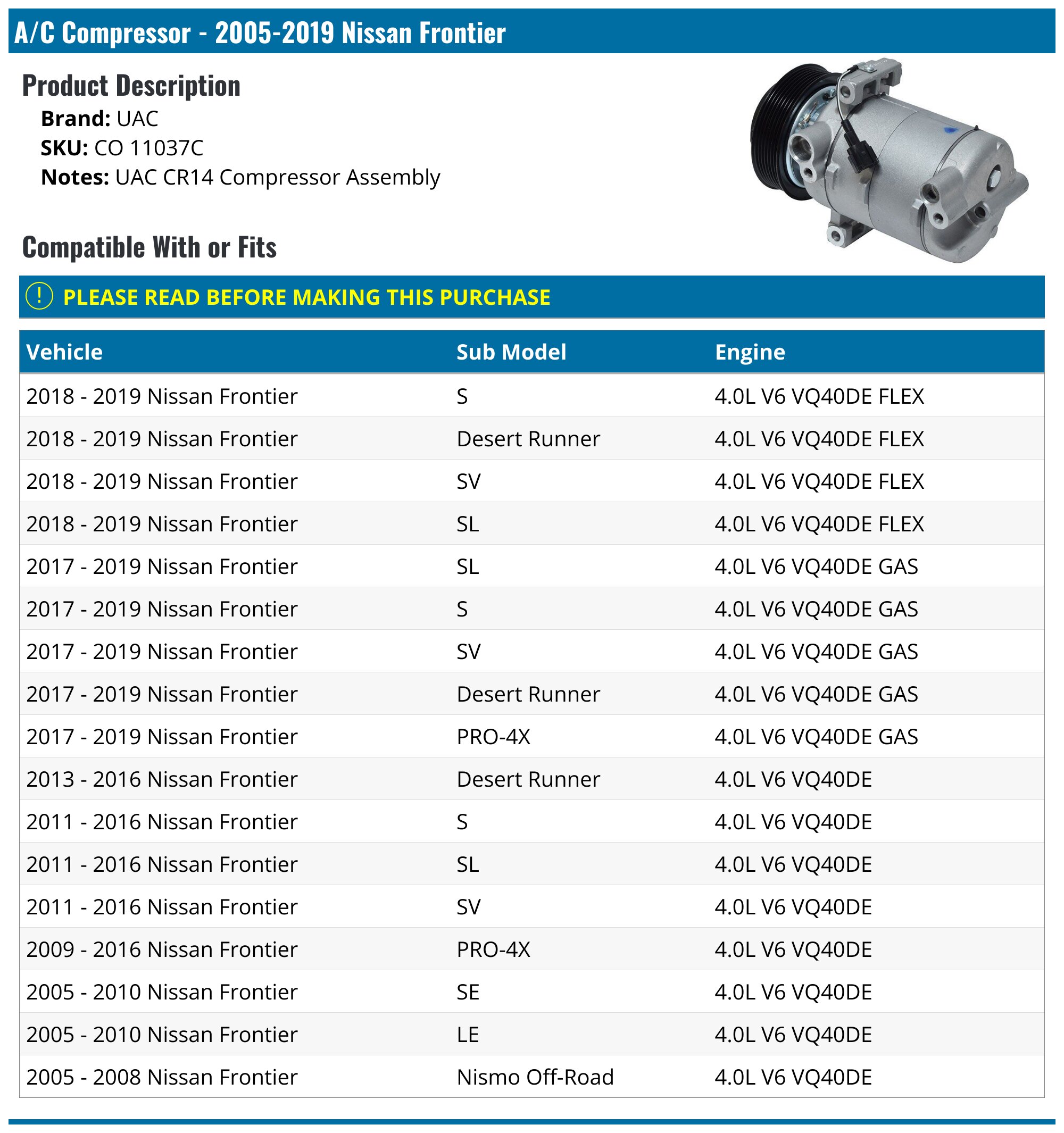 2005-2019 Nissan Frontier A/C Compressor - UAC CO 11037C - PartsGeek.com