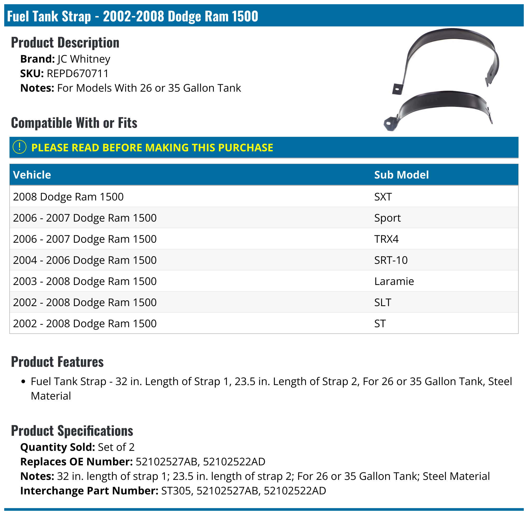 2002-2008 Dodge Ram 1500 Fuel Tank Strap - JC Whitney REPD670711 ...