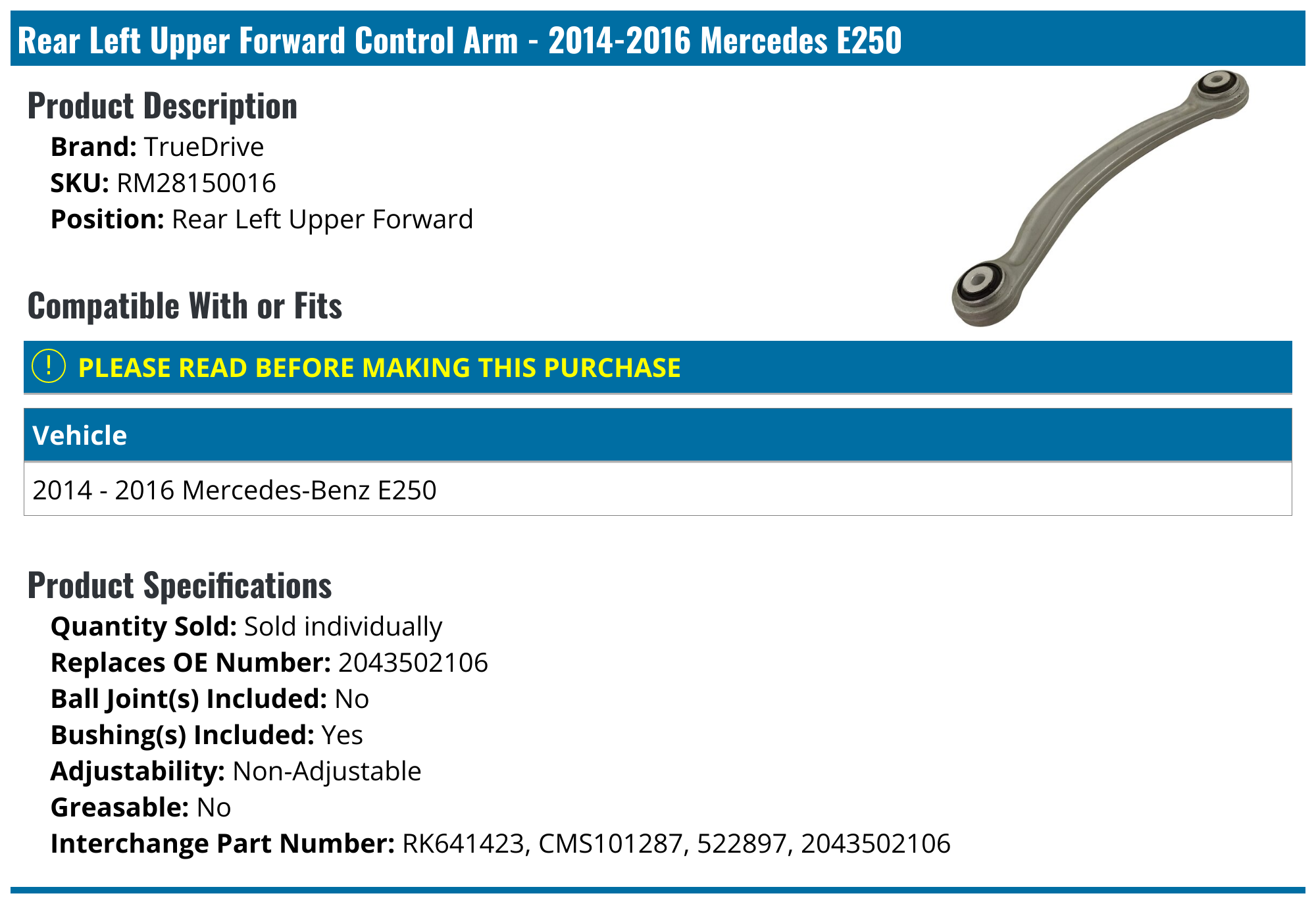 2014-2016 Mercedes E250 Control Arm - TrueDrive RM28150016 - Rear Left ...