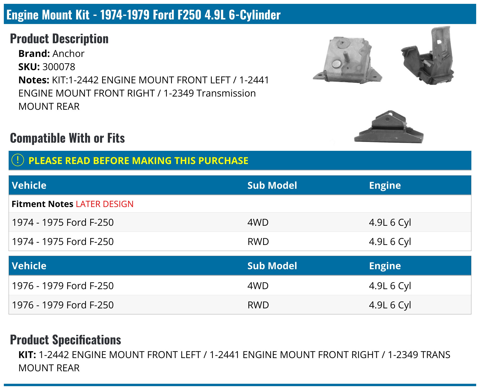 1974-1979 Ford F250 Engine Mount - Anchor 300078 - PartsGeek.com