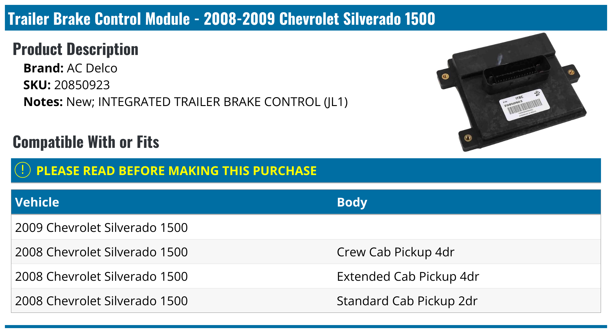 2008-2009 Chevrolet Silverado 1500 Trailer Brake Control - AC Delco ...