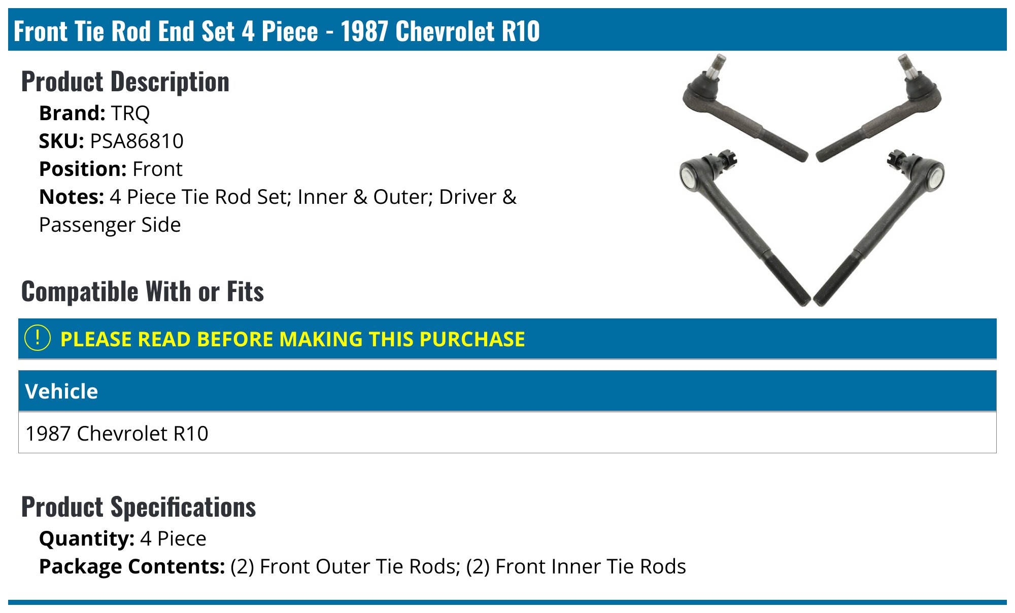 1987 Chevrolet R10 Tie Rod End - TRQ PSA86810 - Front Inner and Outer ...