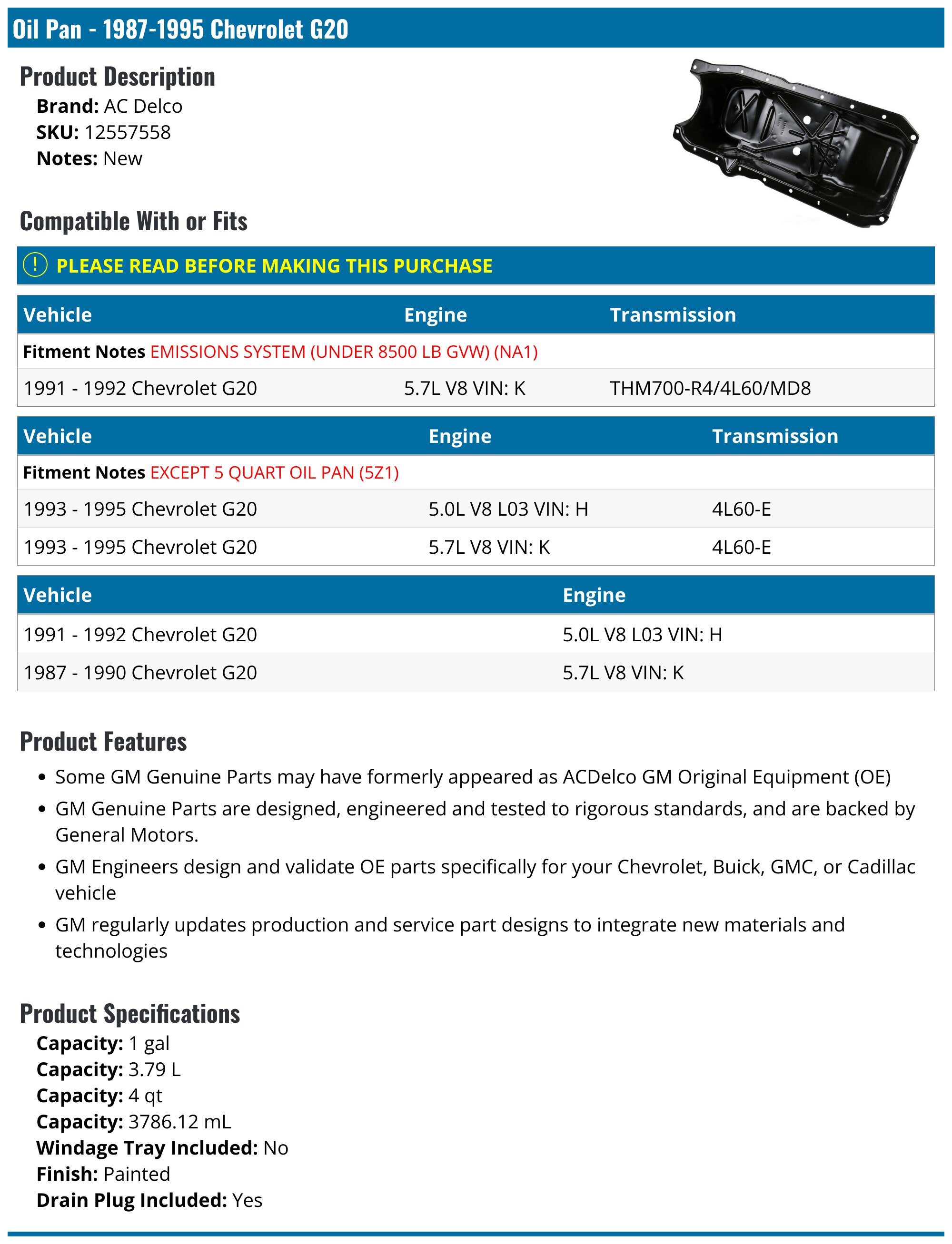 1987-1995 Chevrolet G20 Oil Pan - AC Delco 12557558 - PartsGeek.com