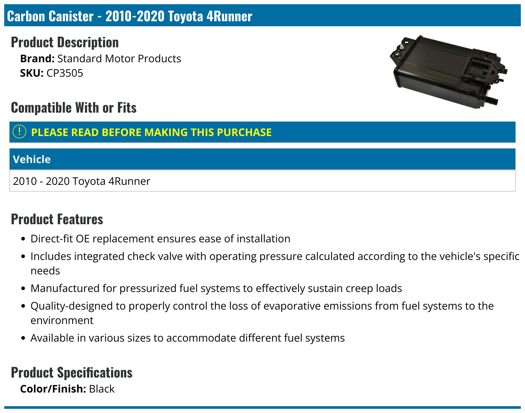 2010-2022 Toyota 4Runner Carbon Canister - Standard Motor Products ...
