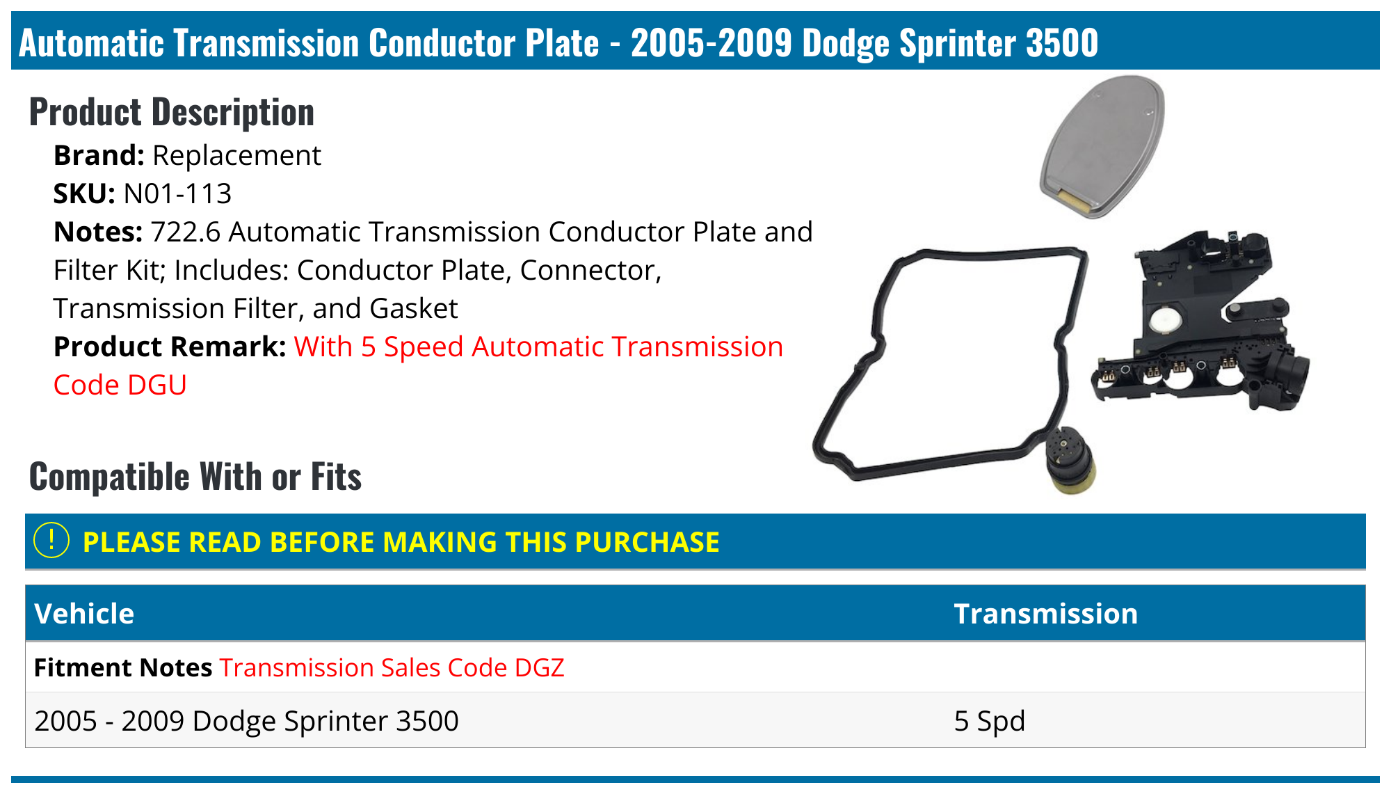 2005-2009 Dodge Sprinter 3500 Automatic Transmission Conductor Plate ...