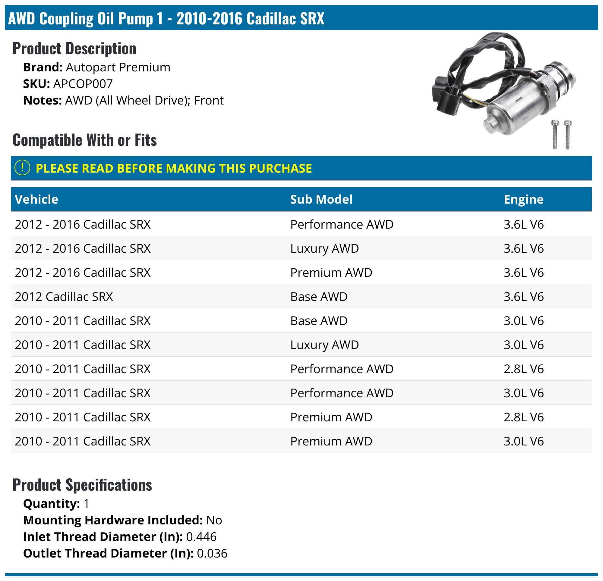 2010-2016 Cadillac SRX AWD Coupling Oil Pump - Autopart Premium ...