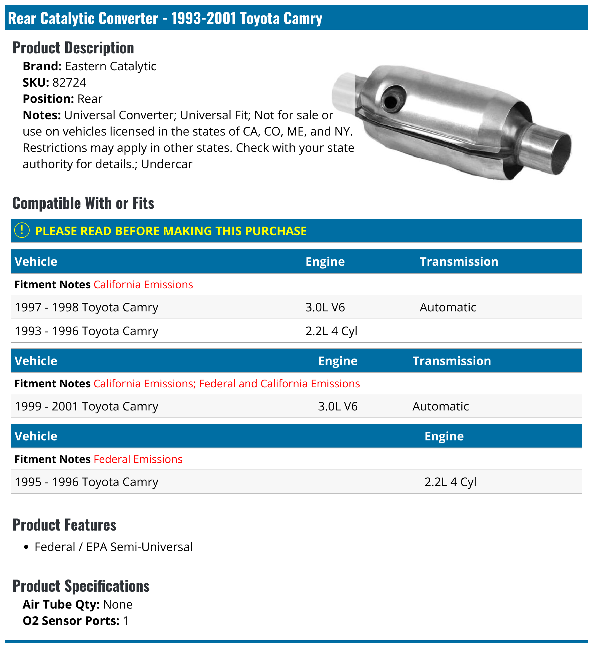 2002 Toyota Camry Struts EPA-Approved Catalytic Resonator Muffler Kit ...