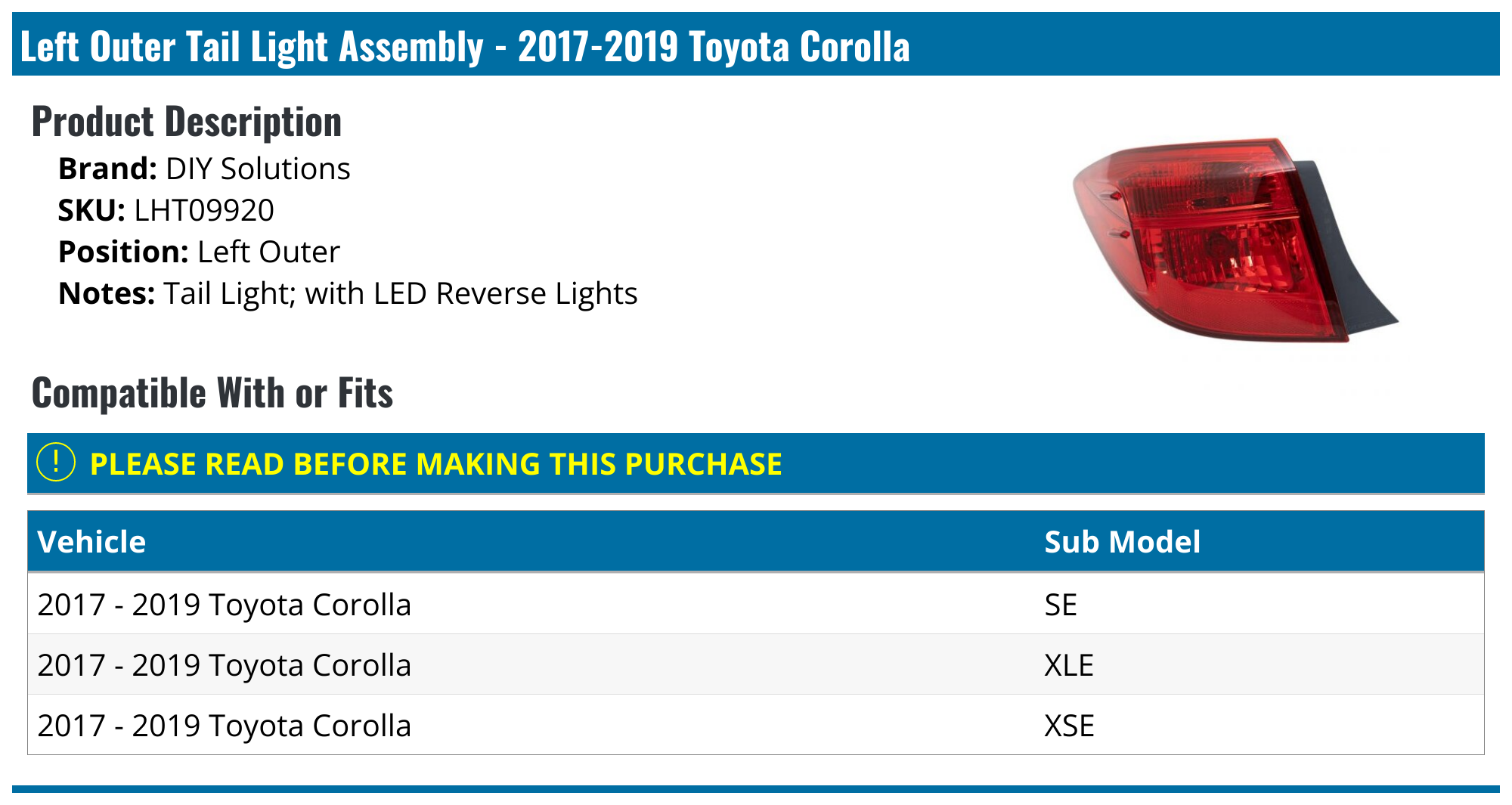 2017-2019 Toyota Corolla Tail Light Assembly - DIY Solutions LHT09920 ...