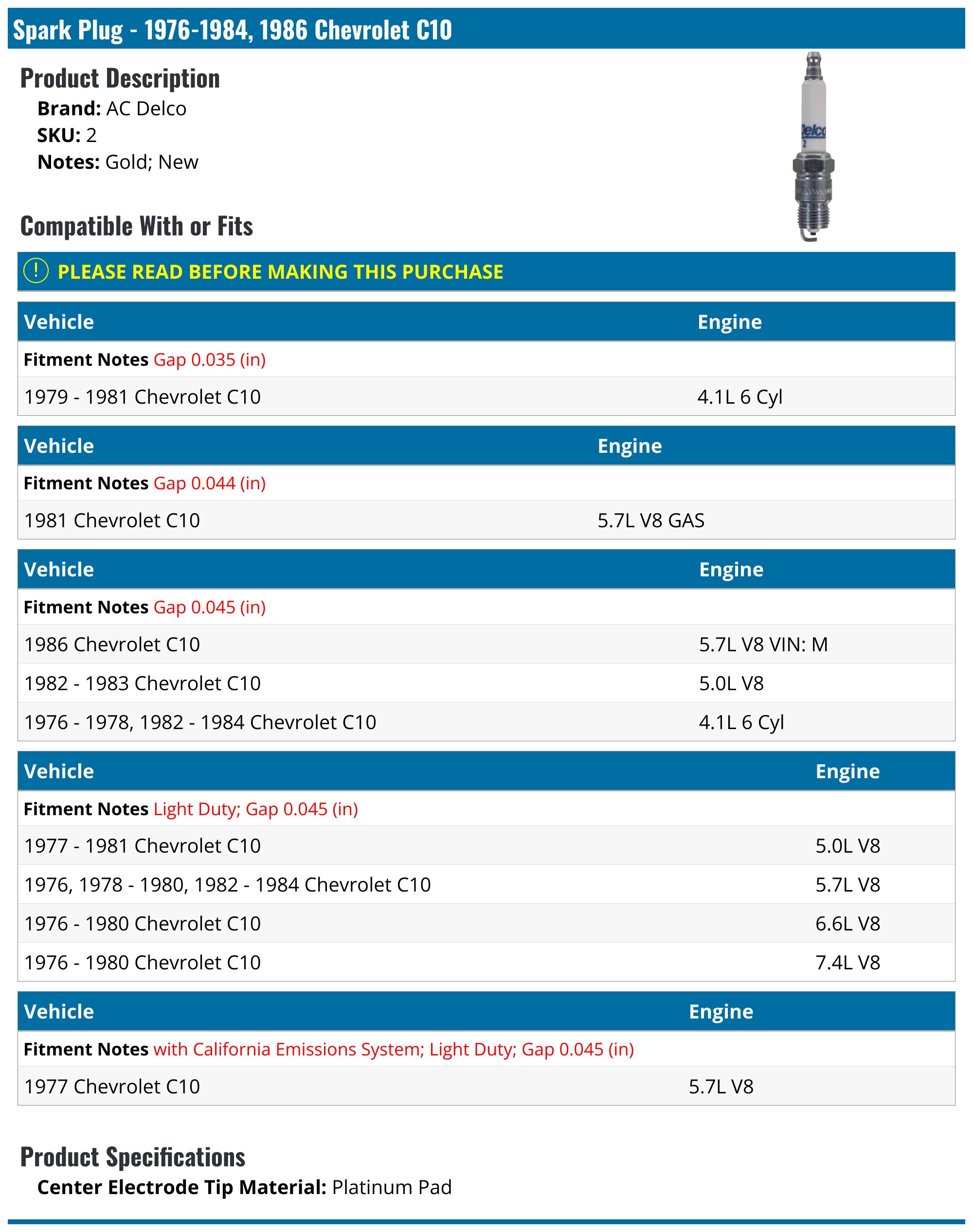 1976-1984, 1986 Chevrolet C10 Spark Plug - AC Delco 2 - PartsGeek.com