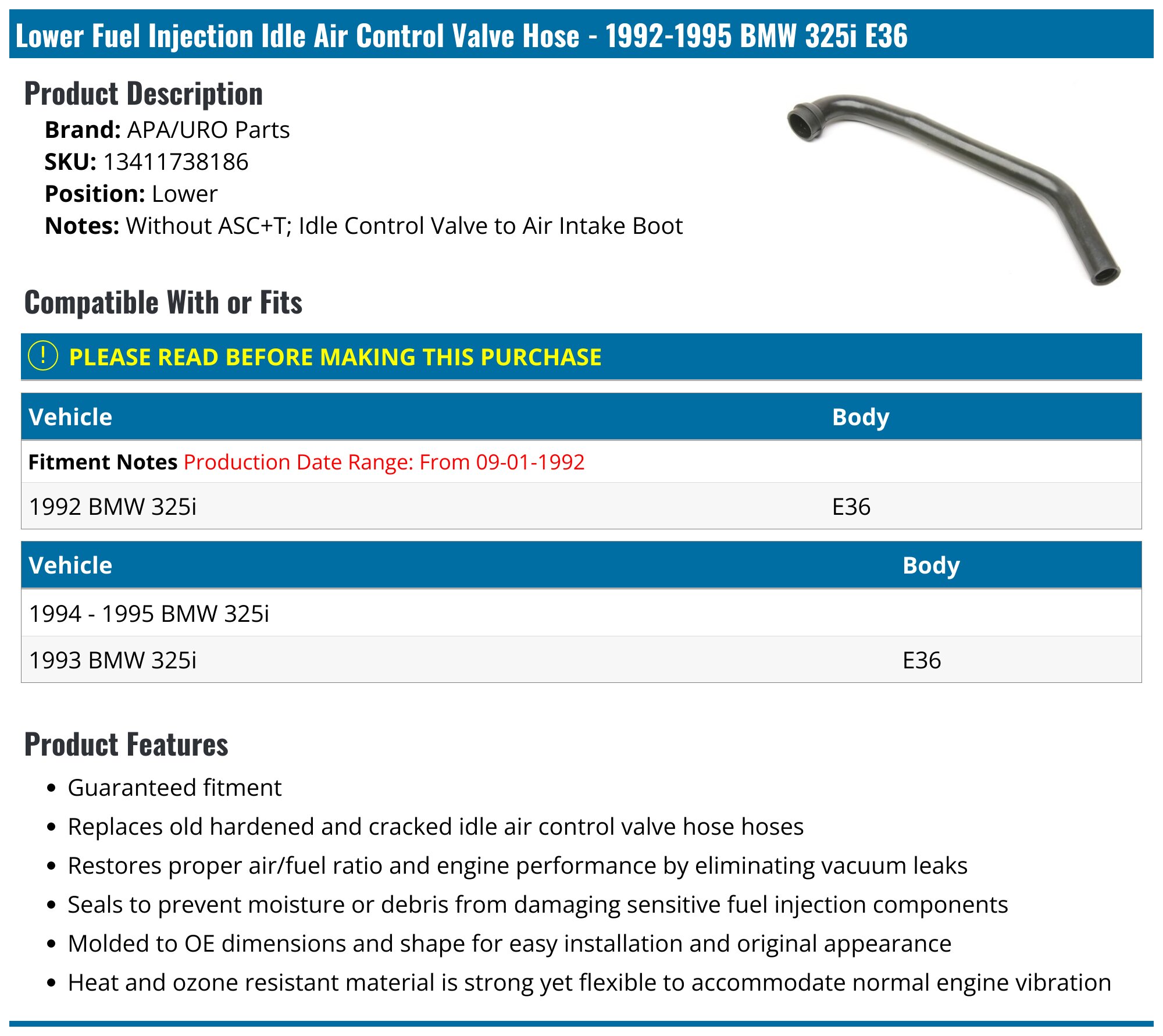 1992-1995 BMW 325i Fuel Injection Idle Air Control Valve Hose - APA/URO ...