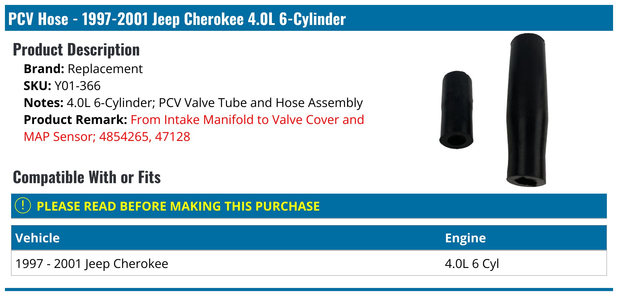 1997-2001 Jeep Cherokee PCV Hose - Replacement Y01-366 - PartsGeek.com