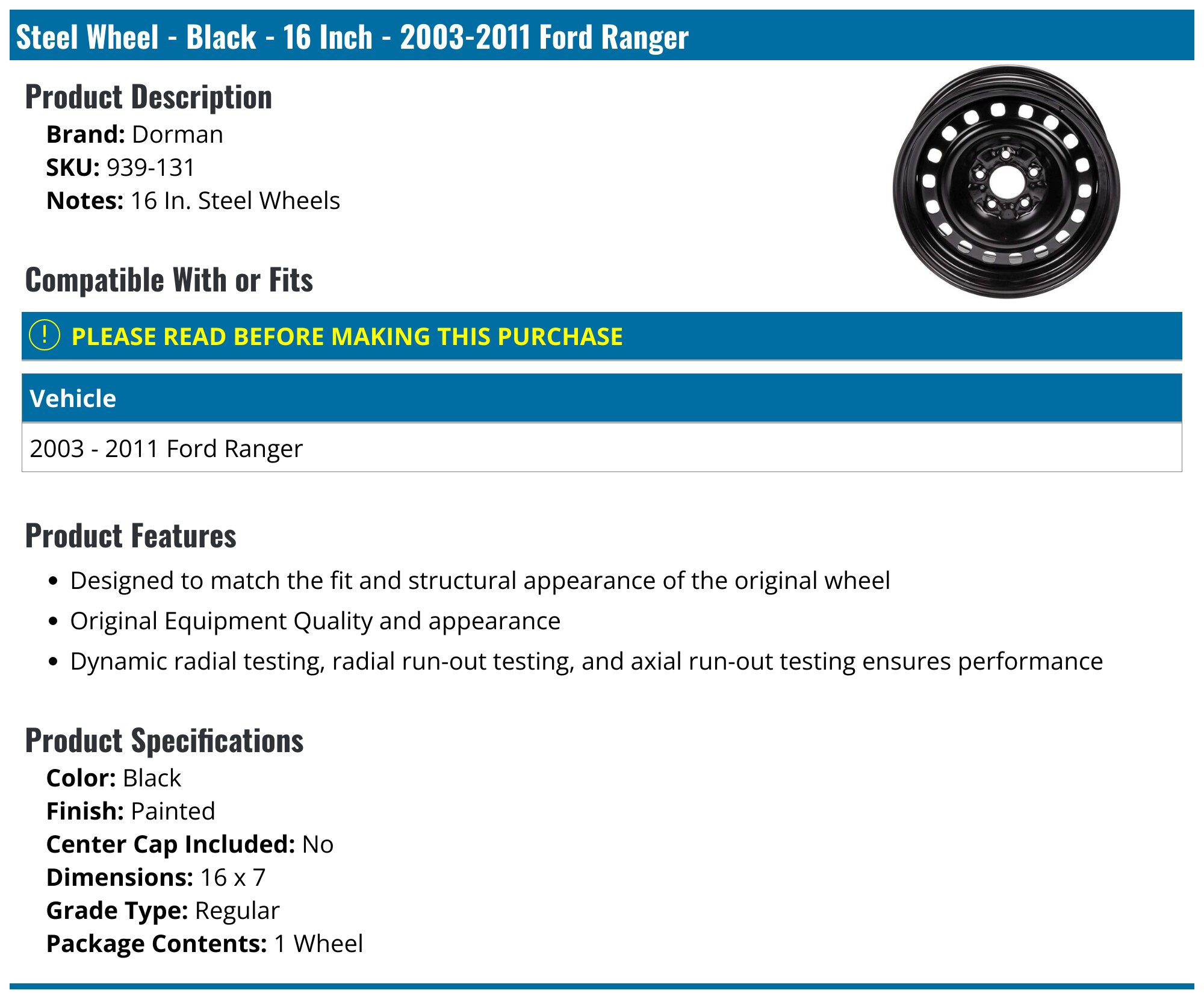 2003-2011 Ford Ranger Wheel - Dorman 939-131 - PartsGeek.com