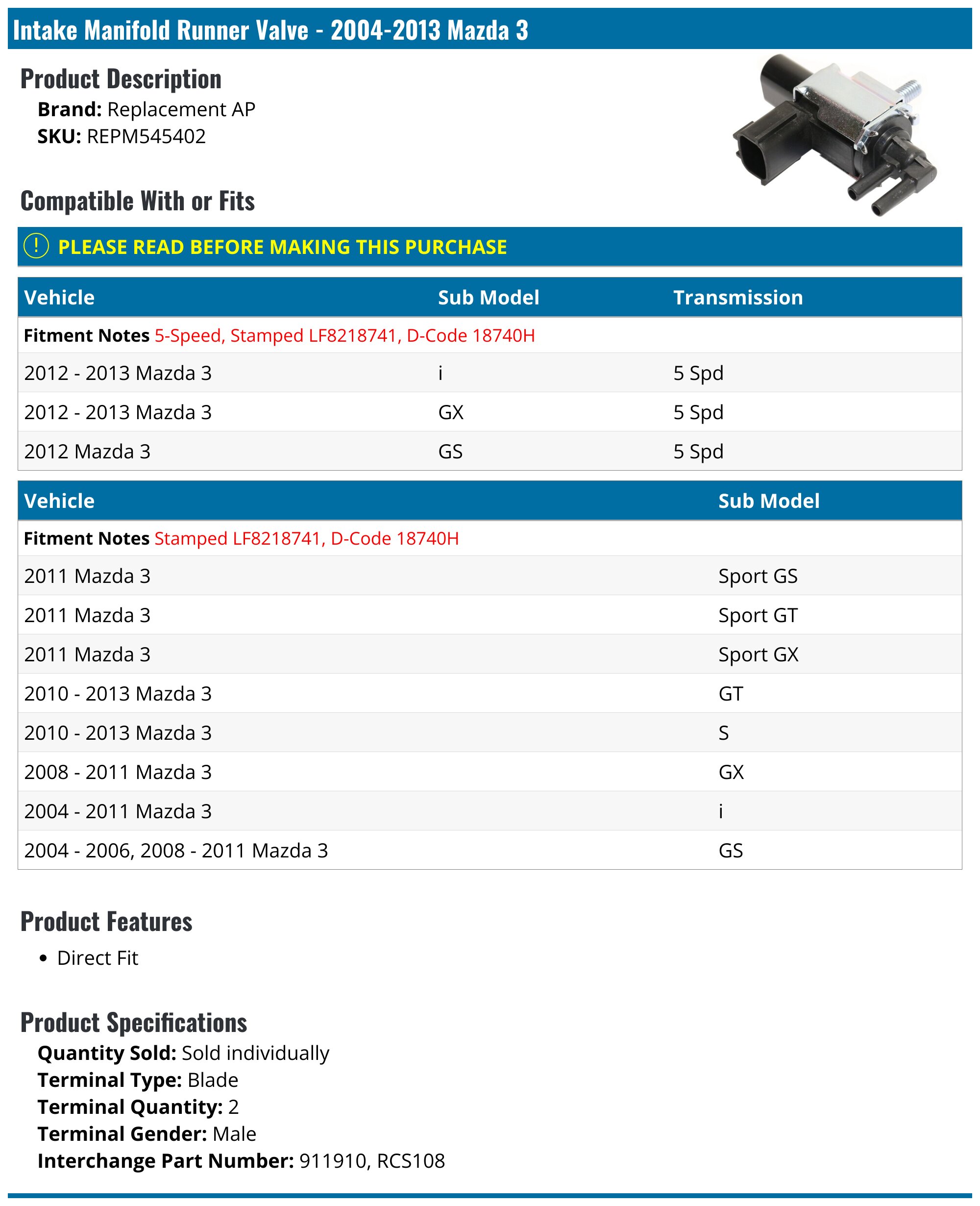 2004-2013 Mazda 3 Intake Manifold Runner Valve - Replacement AP ...