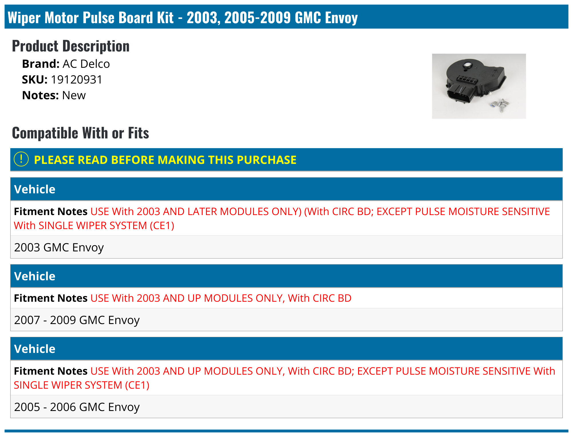 2003, 2005-2009 GMC Envoy Wiper Motor Pulse Board Kit - AC Delco ...