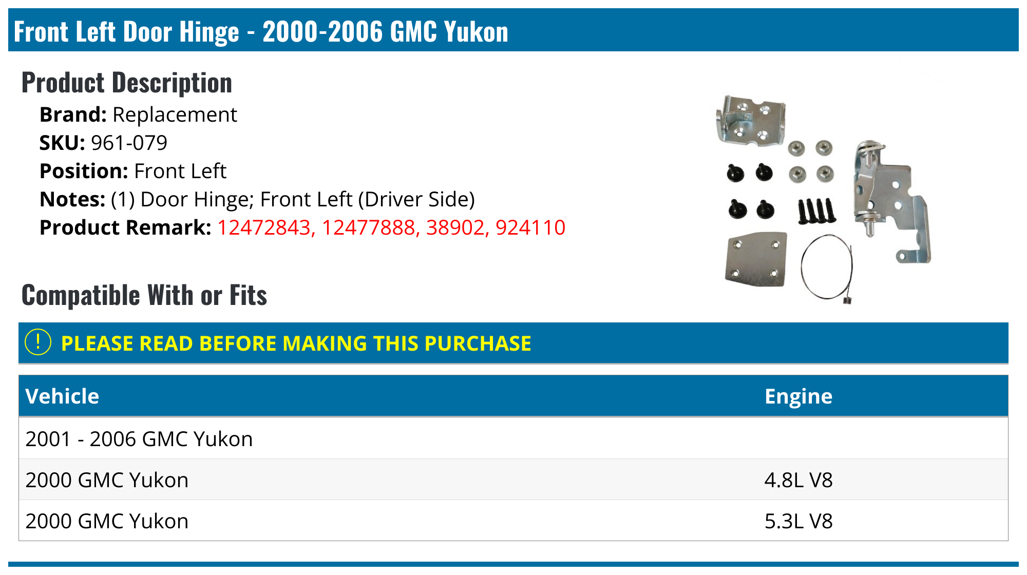2000-2006 GMC Yukon Door Hinge - Replacement 961-079 - Front Left ...