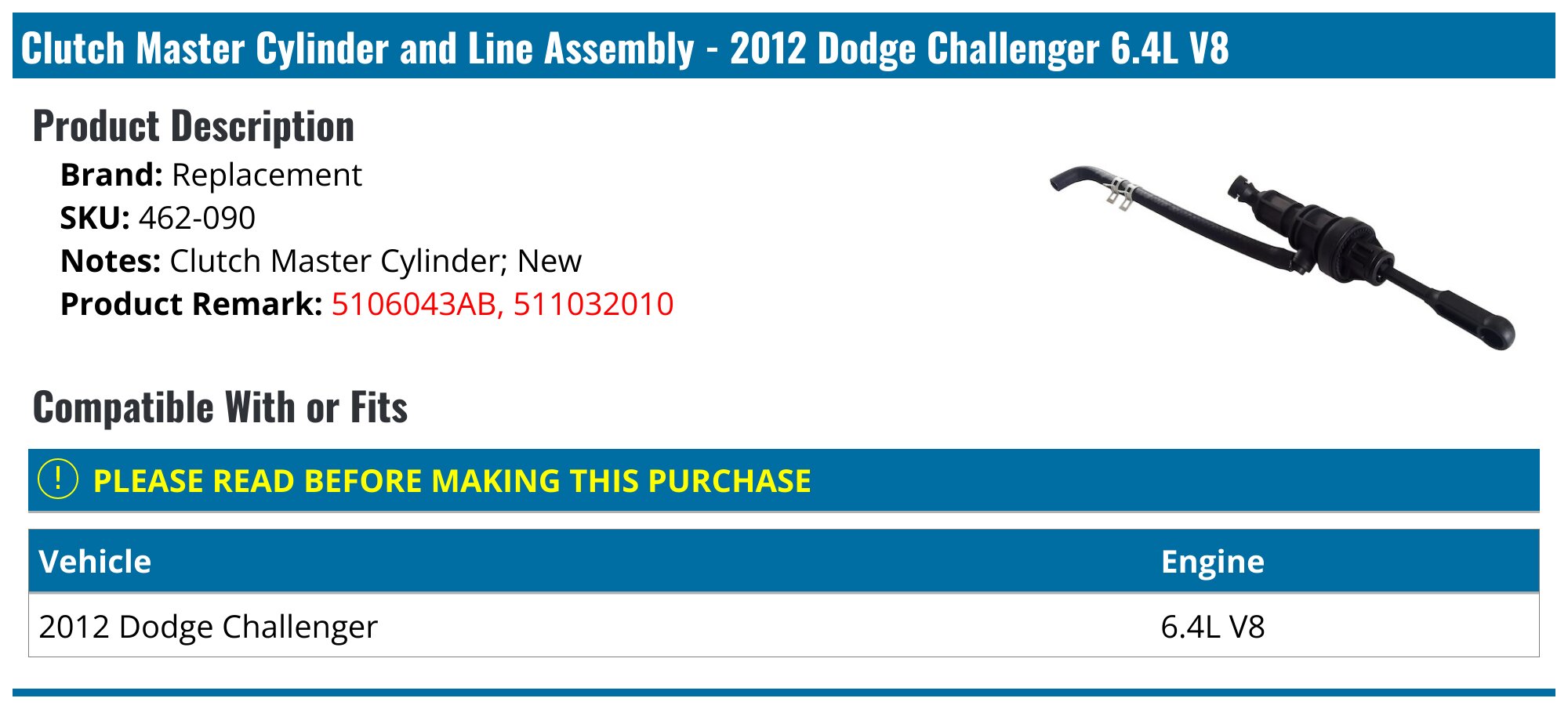 2012 Dodge Challenger Clutch Master Cylinder - Replacement 462-090 ...