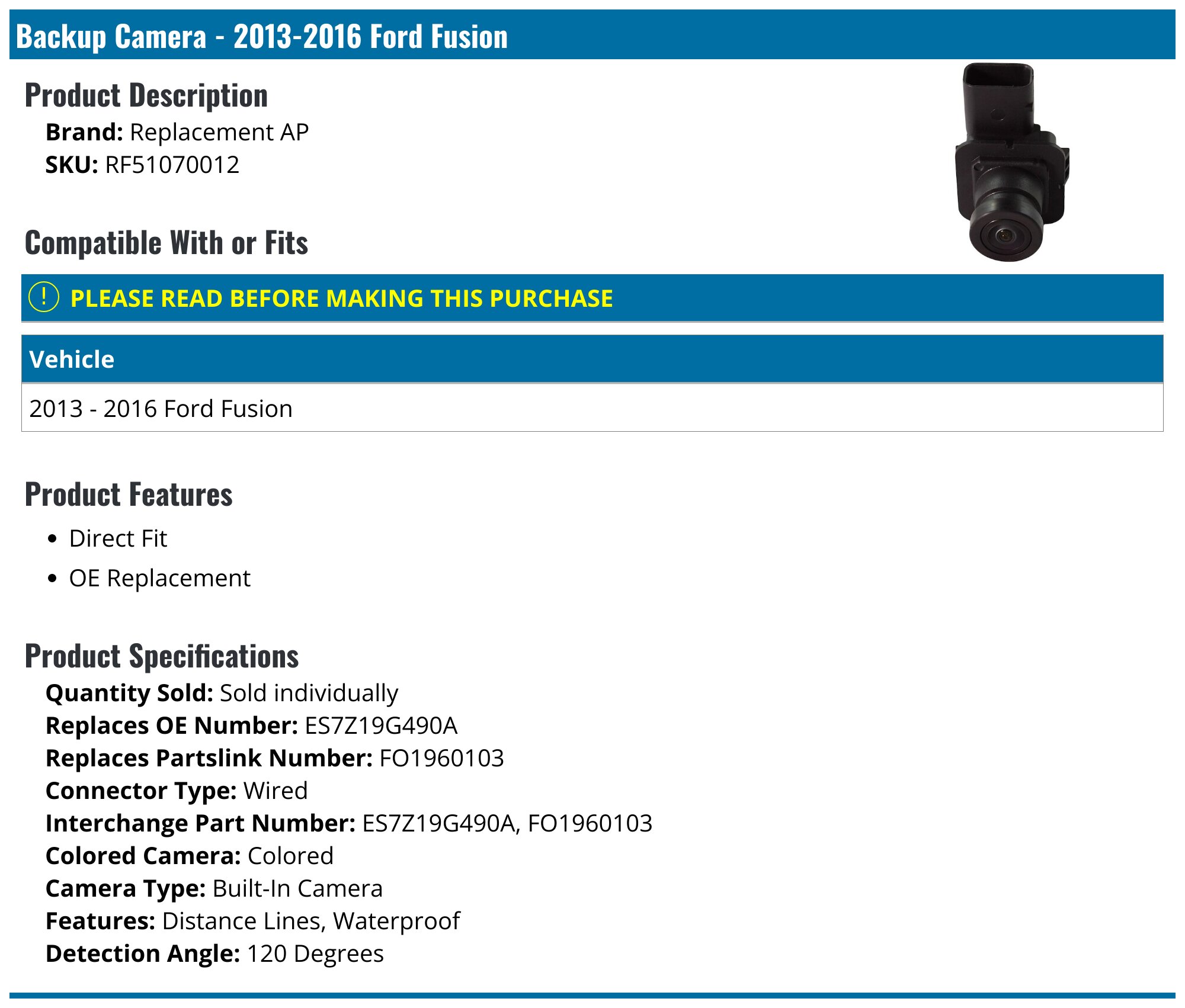 2013-2016 Ford Fusion Backup Camera - Replacement AP RF51070012 ...