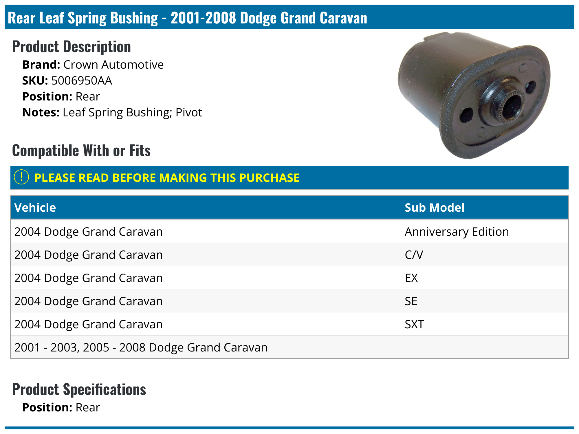 2001-2008 Dodge Grand Caravan Leaf Spring Bushing - Crown Automotive ...