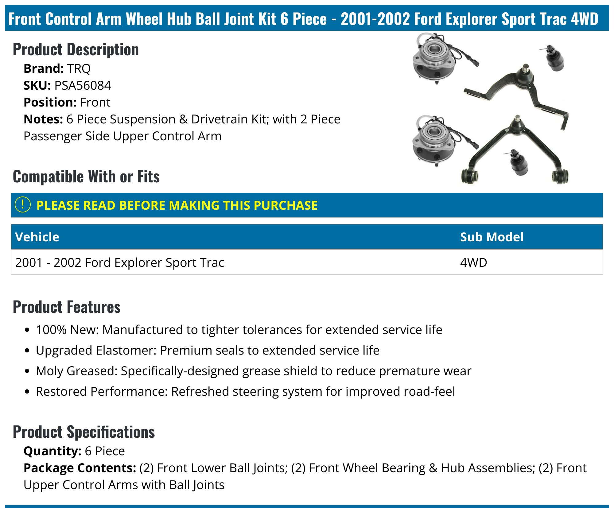 2001-2002 Ford Explorer Sport Trac Control Arm - TRQ PSA56084 - Front ...