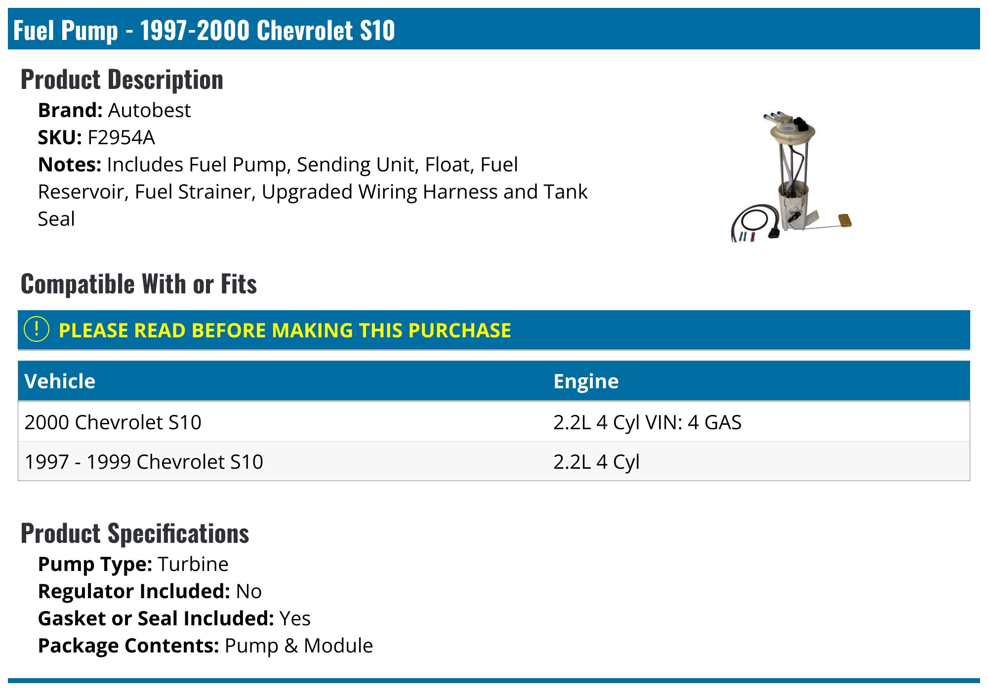 1997-2000 Chevrolet S10 Fuel Pump - Autobest F2954A - PartsGeek.com