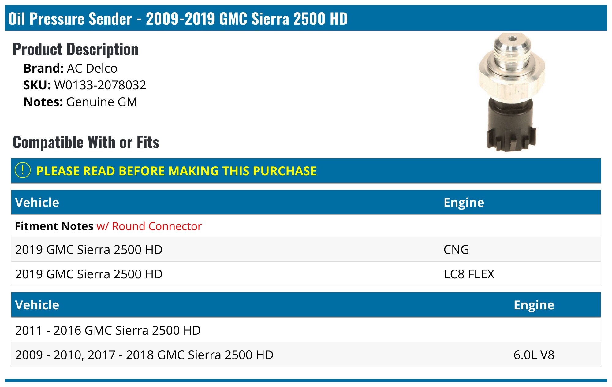 2009-2019 GMC Sierra 2500 HD Oil Pressure Sender - AC Delco W0133 ...