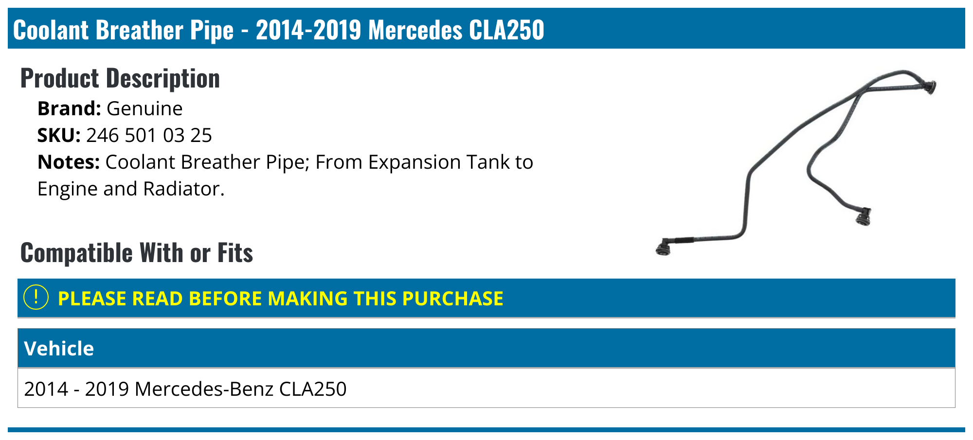 2014-2019 Mercedes CLA250 Coolant Breather Pipe - Genuine 246 501 03 25 ...