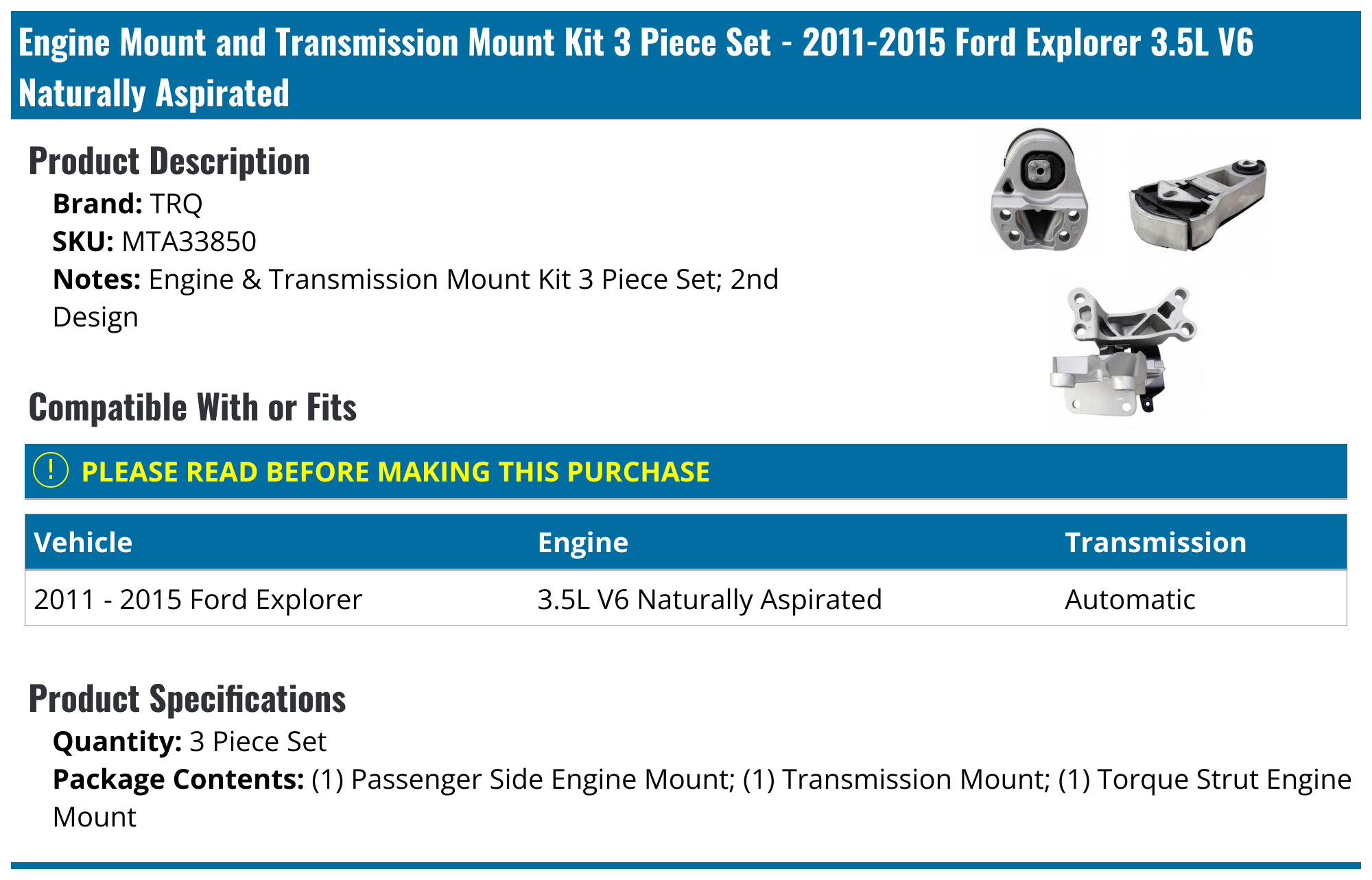 2011-2015 Ford Explorer Engine Mount - TRQ MTA33850 - - PartsGeek.com