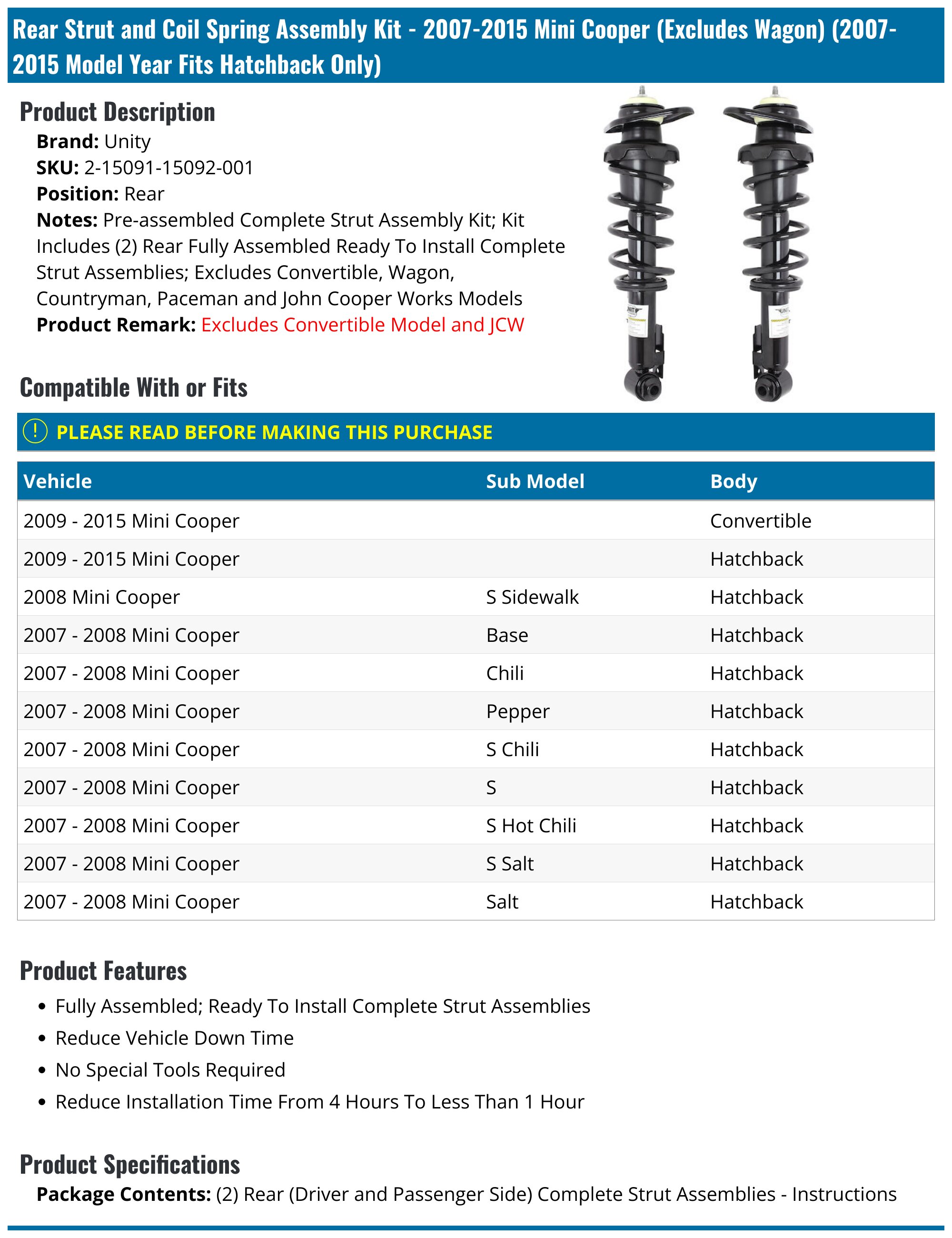 2007-2015 Mini Cooper Strut Assembly - Unity 2-15091-15092-001 - Rear ...