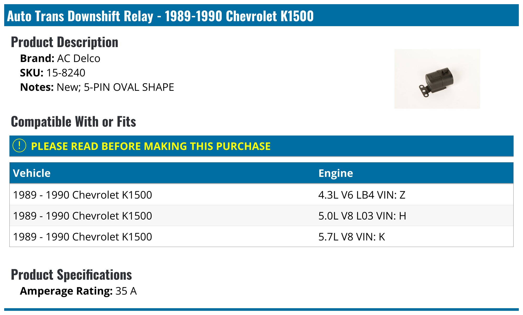 1989-1990 Chevrolet K1500 Auto Trans Downshift Relay - AC Delco 15-8240 ...