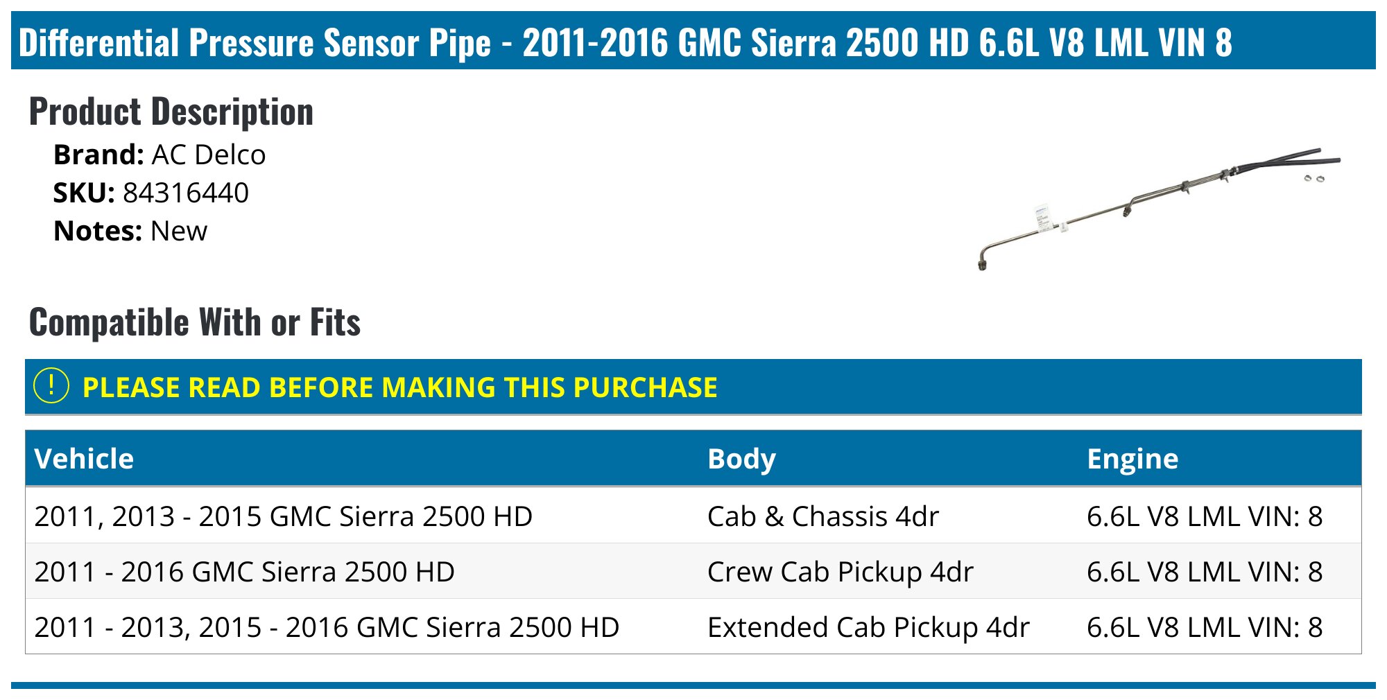 2011-2016 GMC Sierra 2500 HD Differential Pressure Sensor Pipe - AC ...