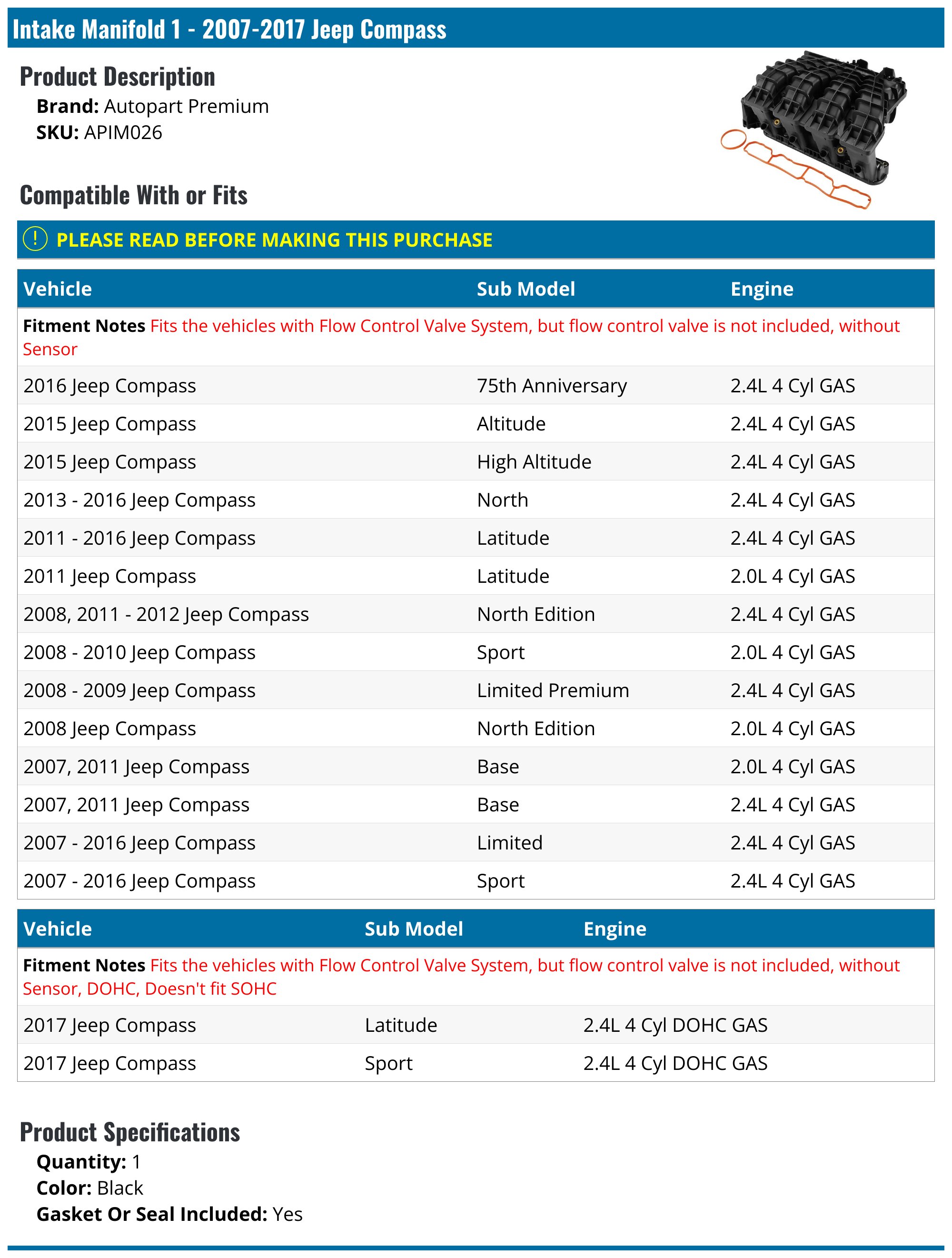 2007-2017 Jeep Compass Intake Manifold - Autopart Premium APIM026 ...