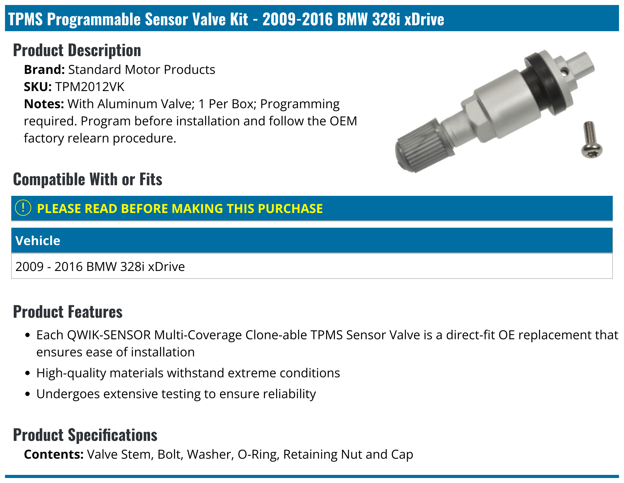 2009-2016 BMW 328i xDrive TPMS Programmable Sensor Valve Kit - Standard ...