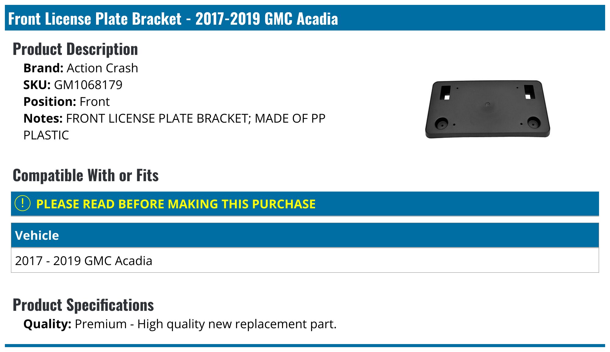 2017-2019 GMC Acadia License Plate Bracket - Action Crash GM1068179 ...