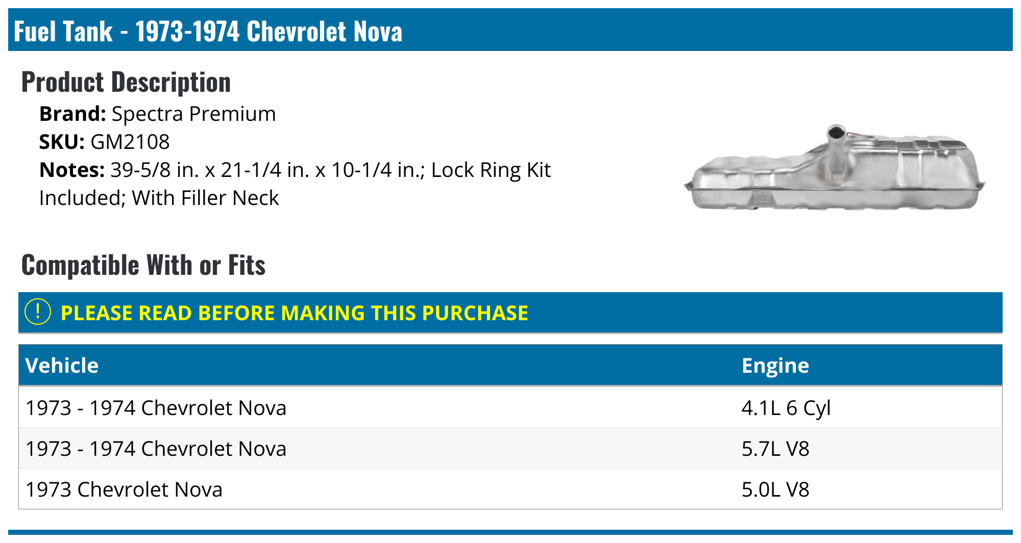 1973-1974 Chevrolet Nova Fuel Tank - Spectra Premium GM2108 - PartsGeek.com