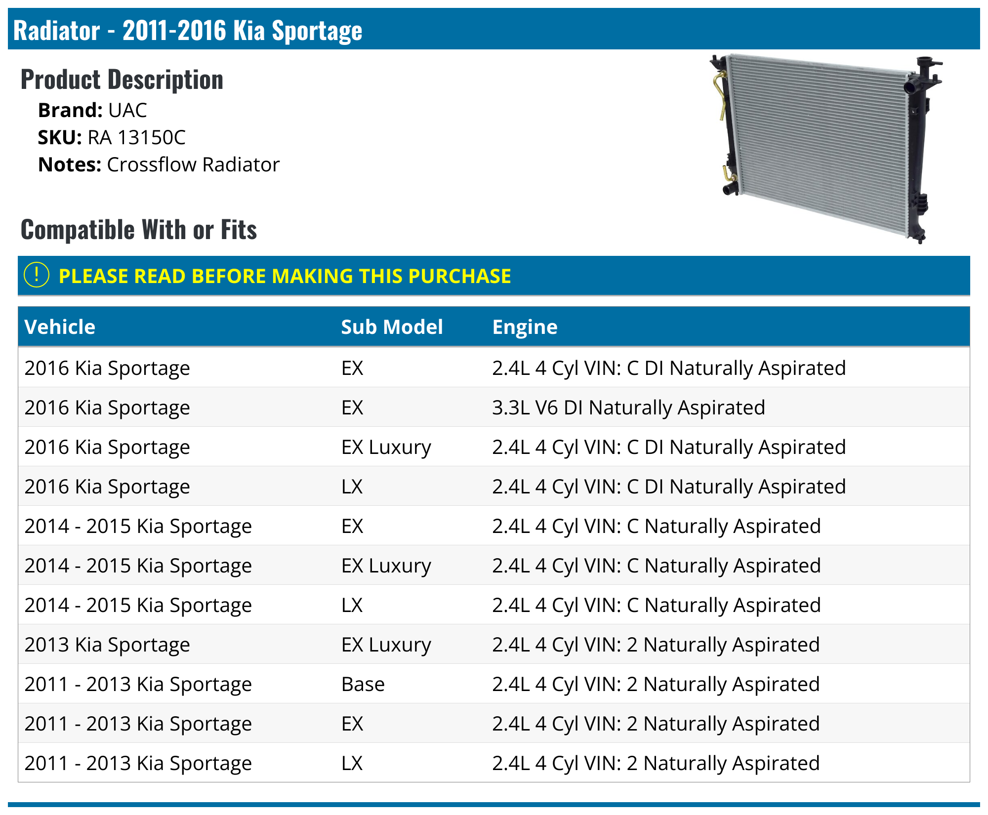 2011-2016 Kia Sportage Radiator - UAC RA 13150C - PartsGeek.com