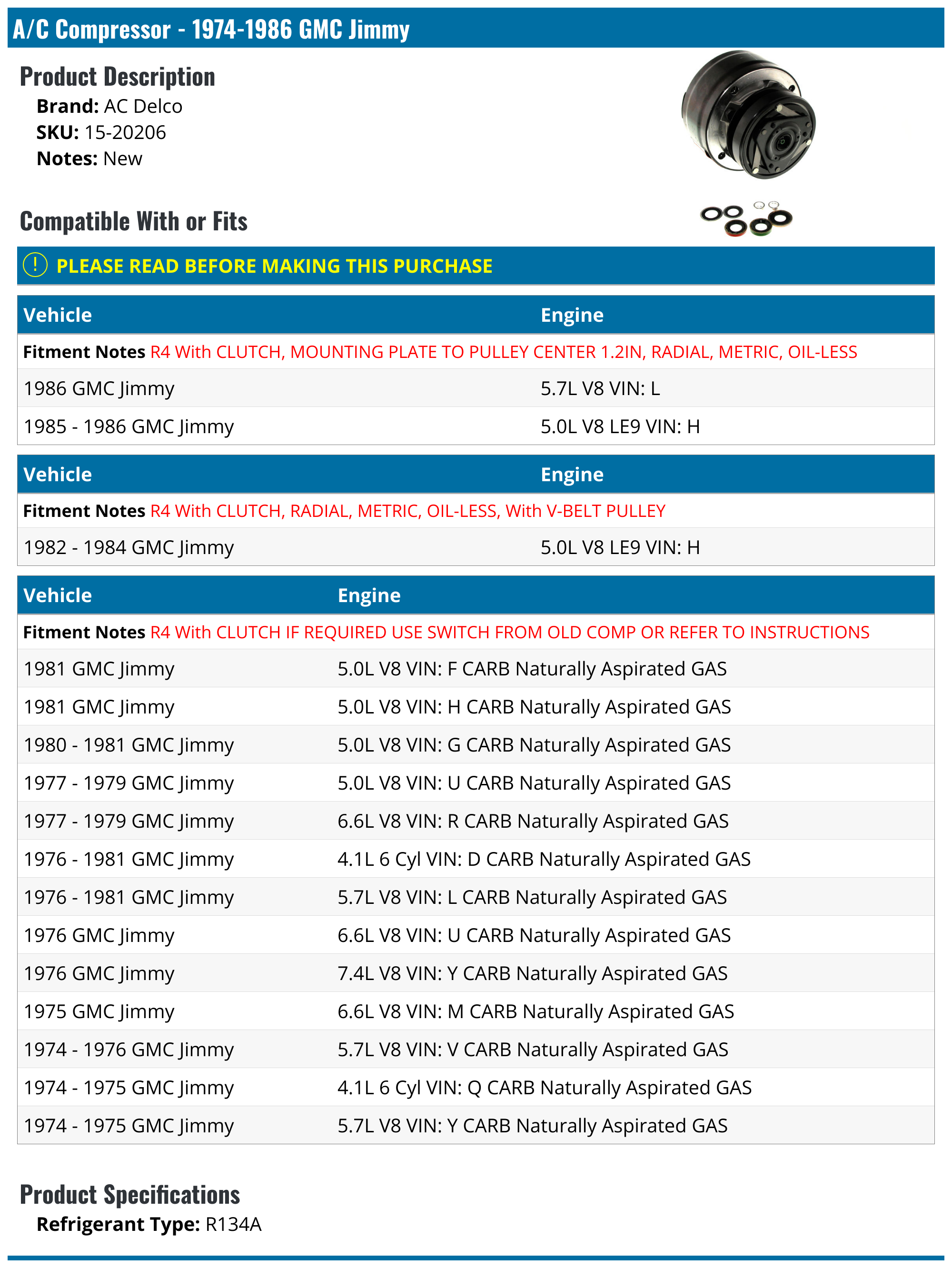 1974-1986 GMC Jimmy A/C Compressor - AC Delco 15-20206 - PartsGeek.com