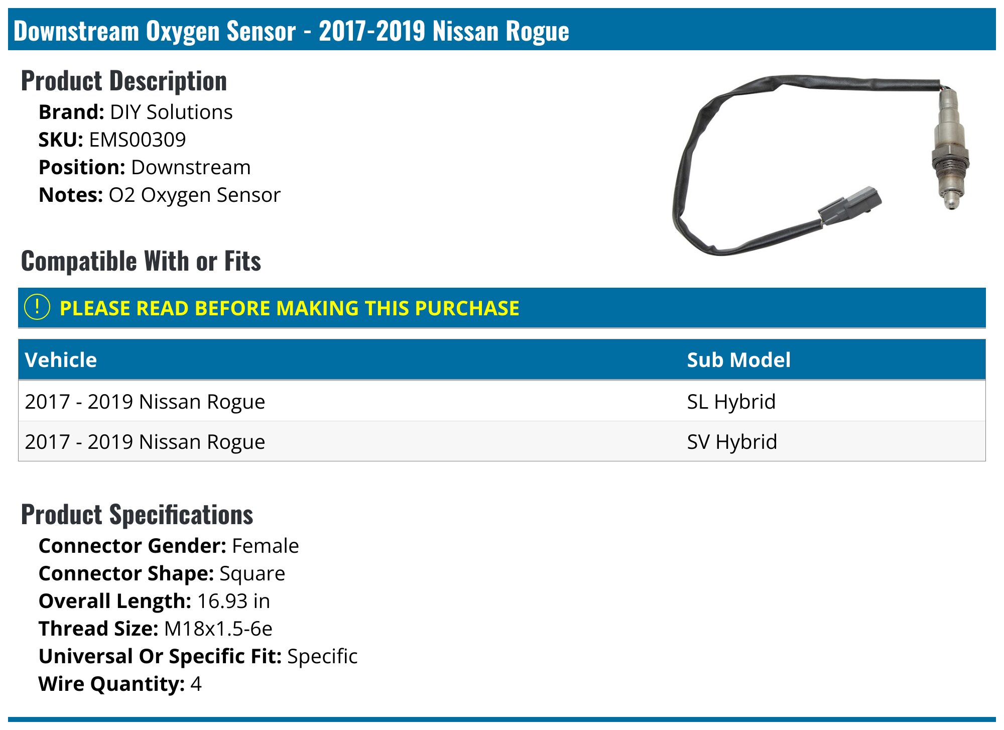 2017-2019 Nissan Rogue Oxygen Sensor - DIY Solutions EMS00309 ...