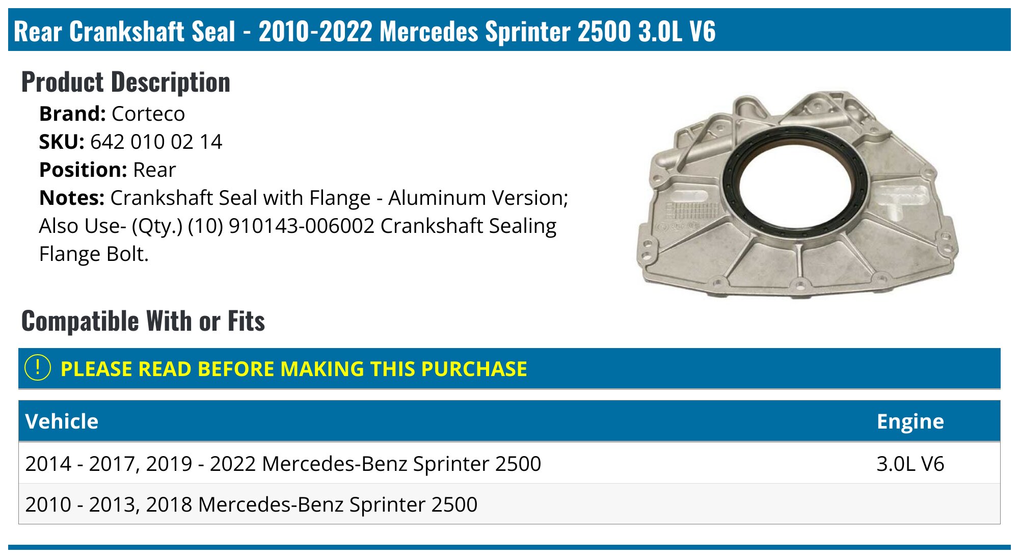 2010-2022 Mercedes Sprinter 2500 Crankshaft Seal - Corteco 642 010 02 ...