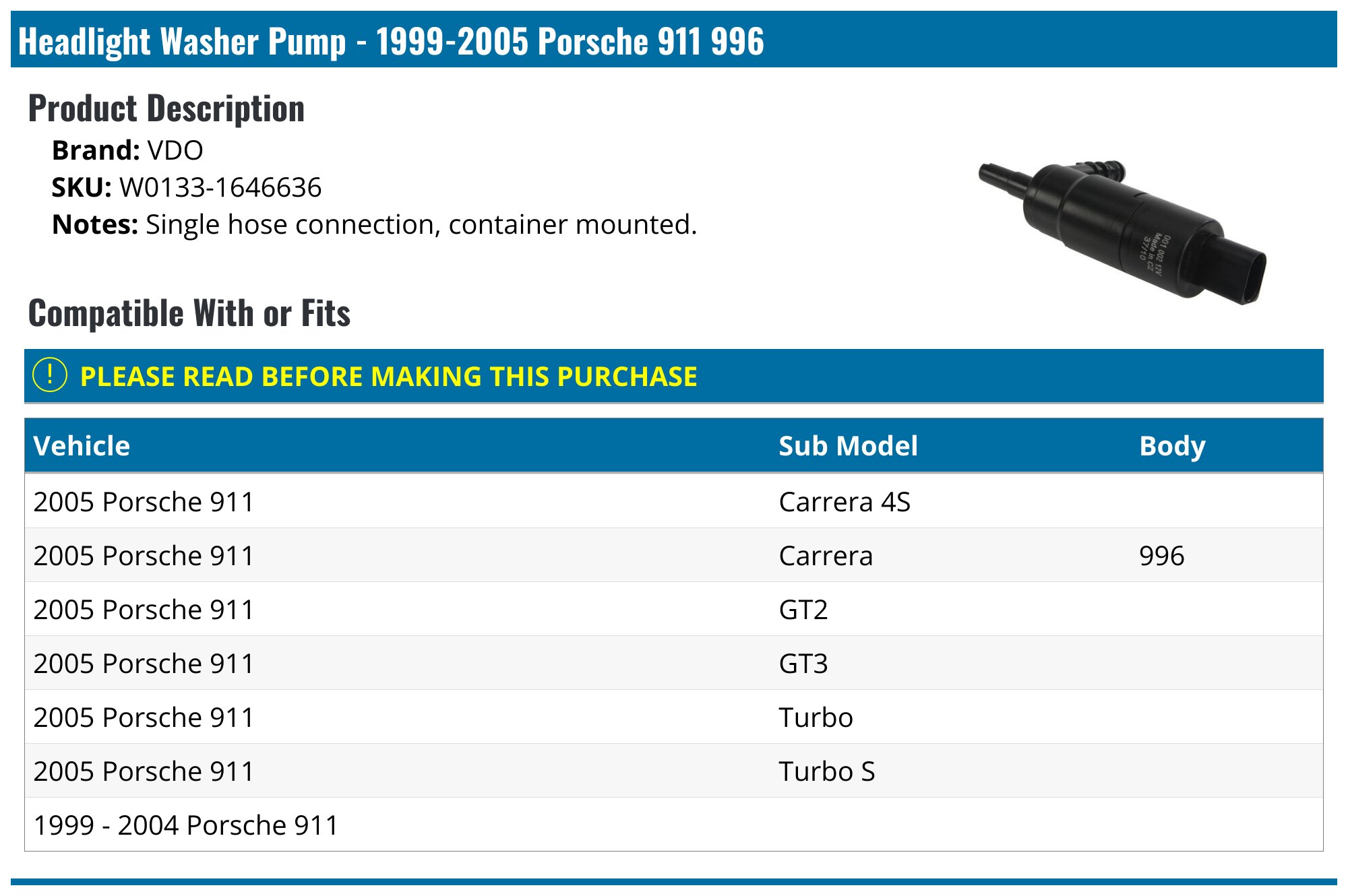 1999-2005 Porsche 911 Headlight Washer Pump - VDO W0133-1646636 ...