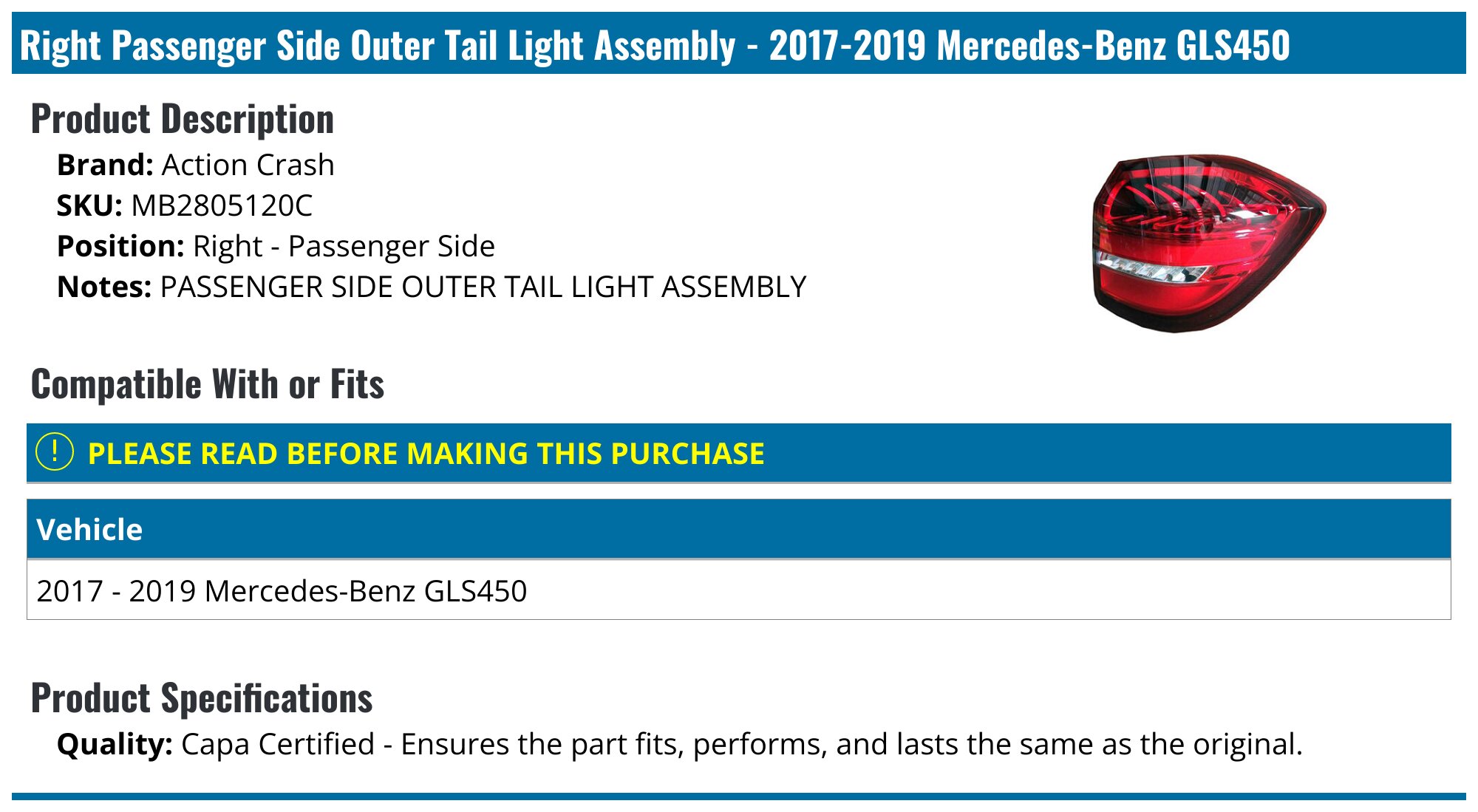 2017-2019 Mercedes GLS450 Tail Light Assembly - Action Crash MB2805120C ...