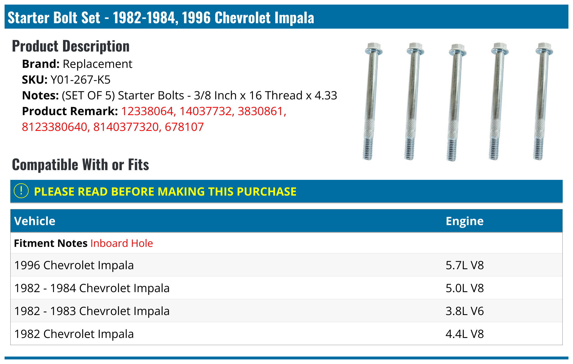 1982-1984, 1996 Chevrolet Impala Starter Bolt - Replacement Y01-267-K5 ...