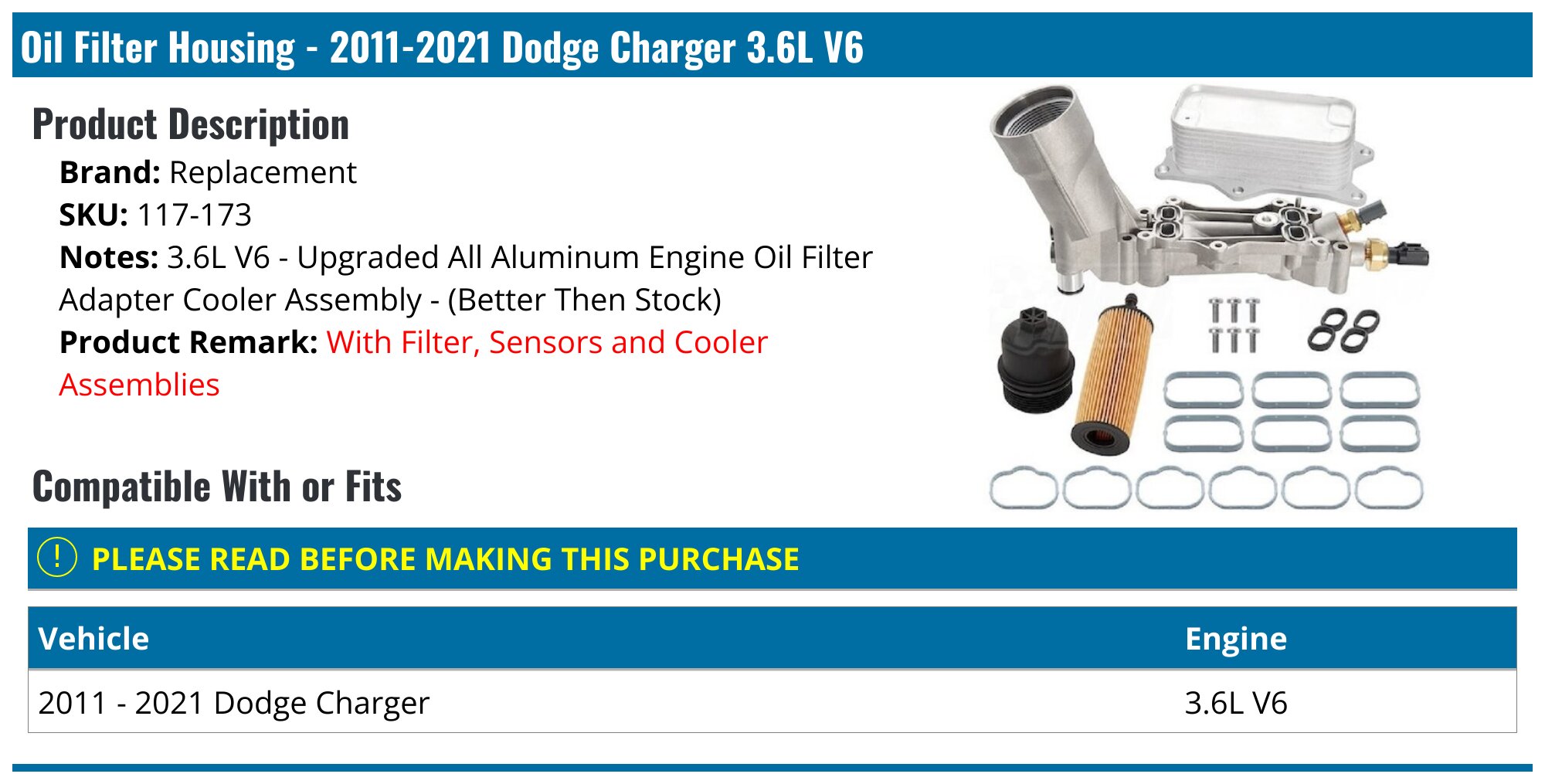 2011-2023 Dodge Charger Oil Filter Housing - Replacement 117-173 ...