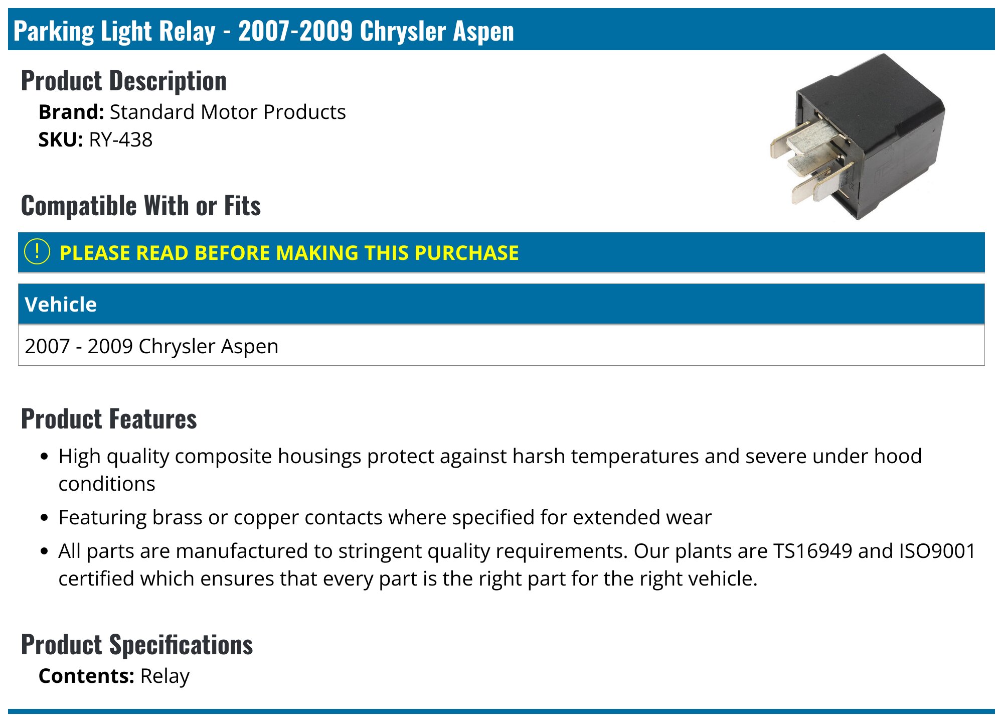 2007-2009 Chrysler Aspen Parking Light Relay - Standard Motor Products ...