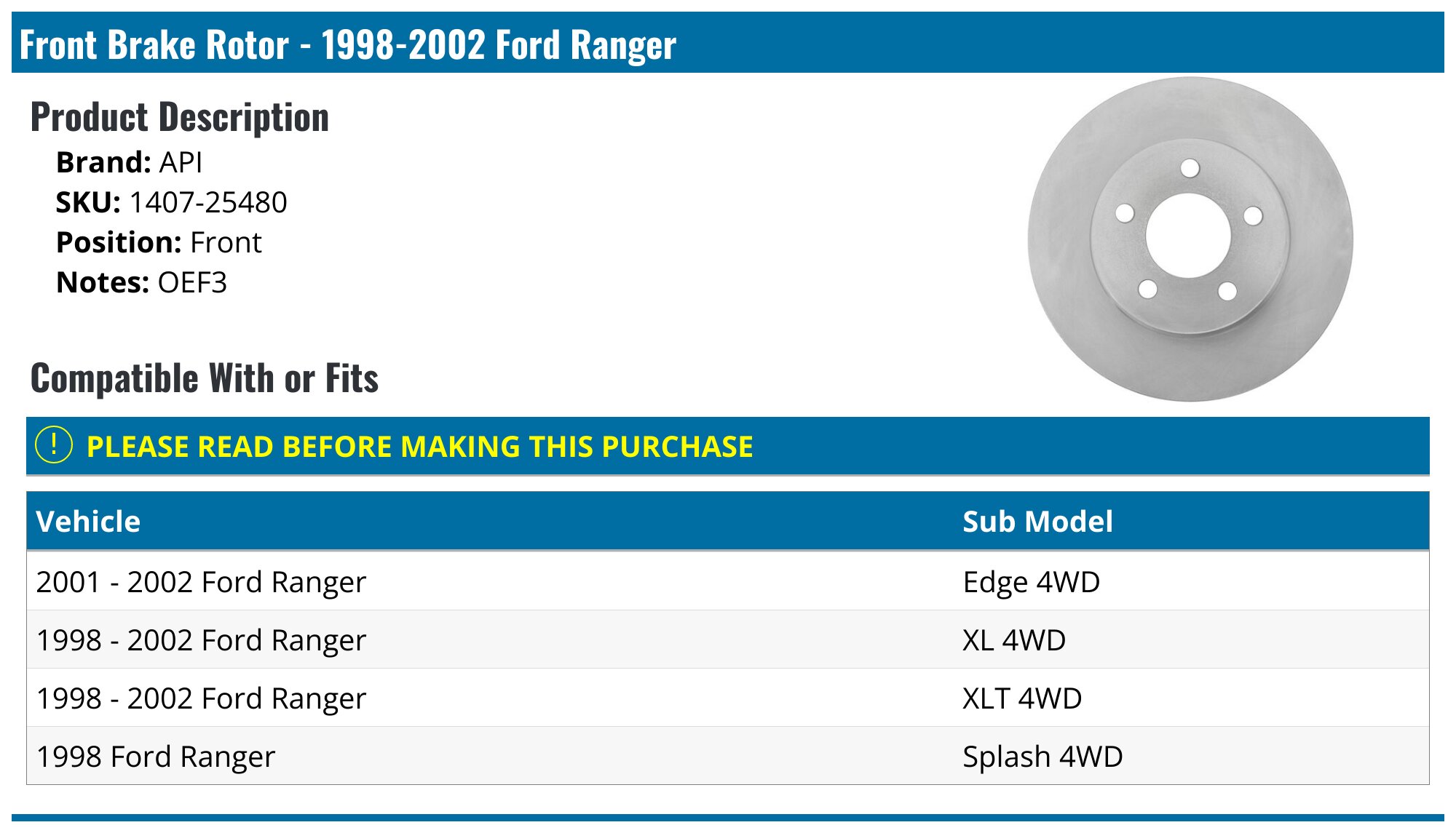 1998-2002 Ford Ranger Brake Rotor - API 5529-07546629 - Front ...