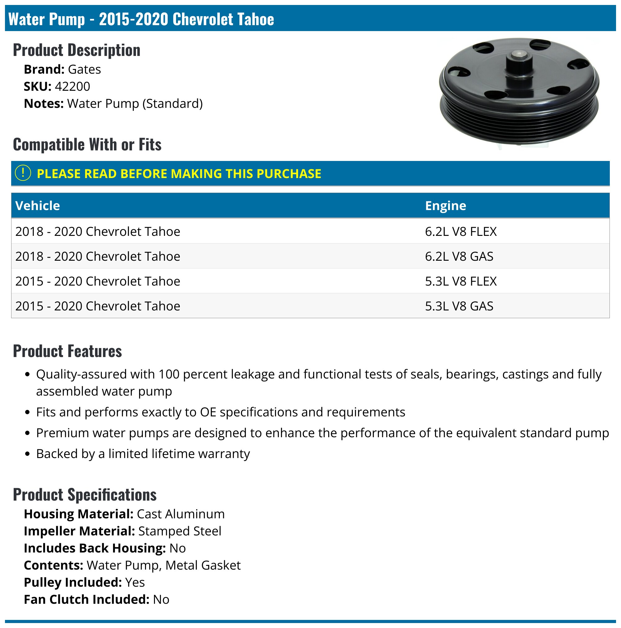2015-2020 Chevrolet Tahoe Water Pump - Gates 42200 - PartsGeek.com