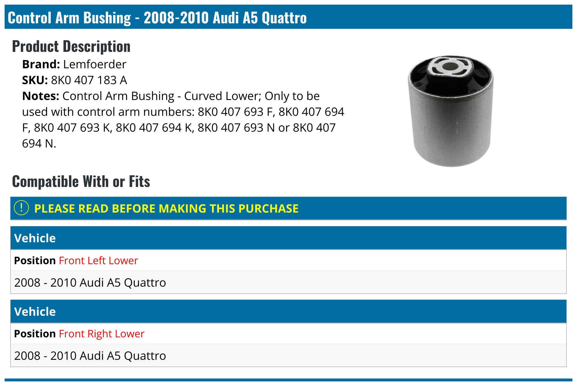 2008-2010 Audi A5 Quattro Control Arm Bushing - Lemfoerder 8K0 407 183 ...