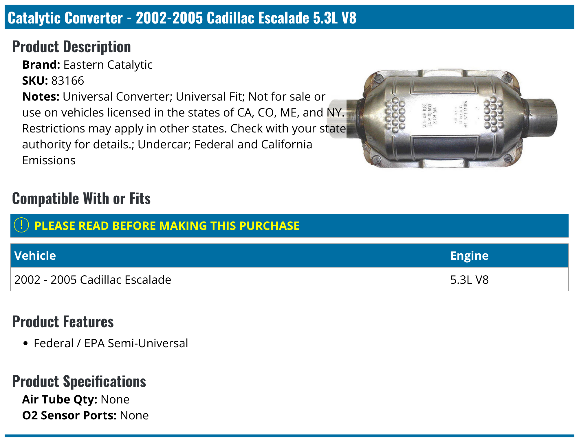 2002-2005 Cadillac Escalade Catalytic Converter - Eastern Catalytic ...