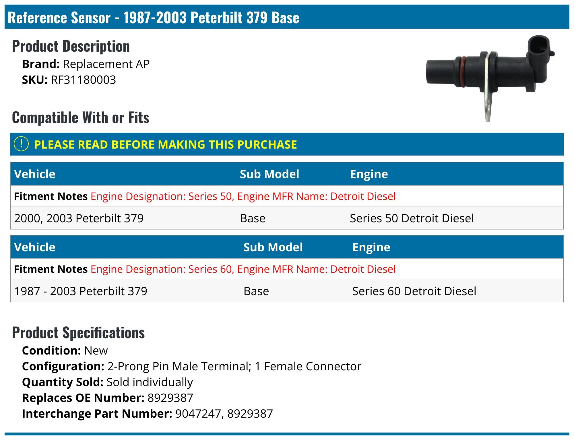 1987-2003 Peterbilt 379 Crank Position Sensor - Replacement AP ...