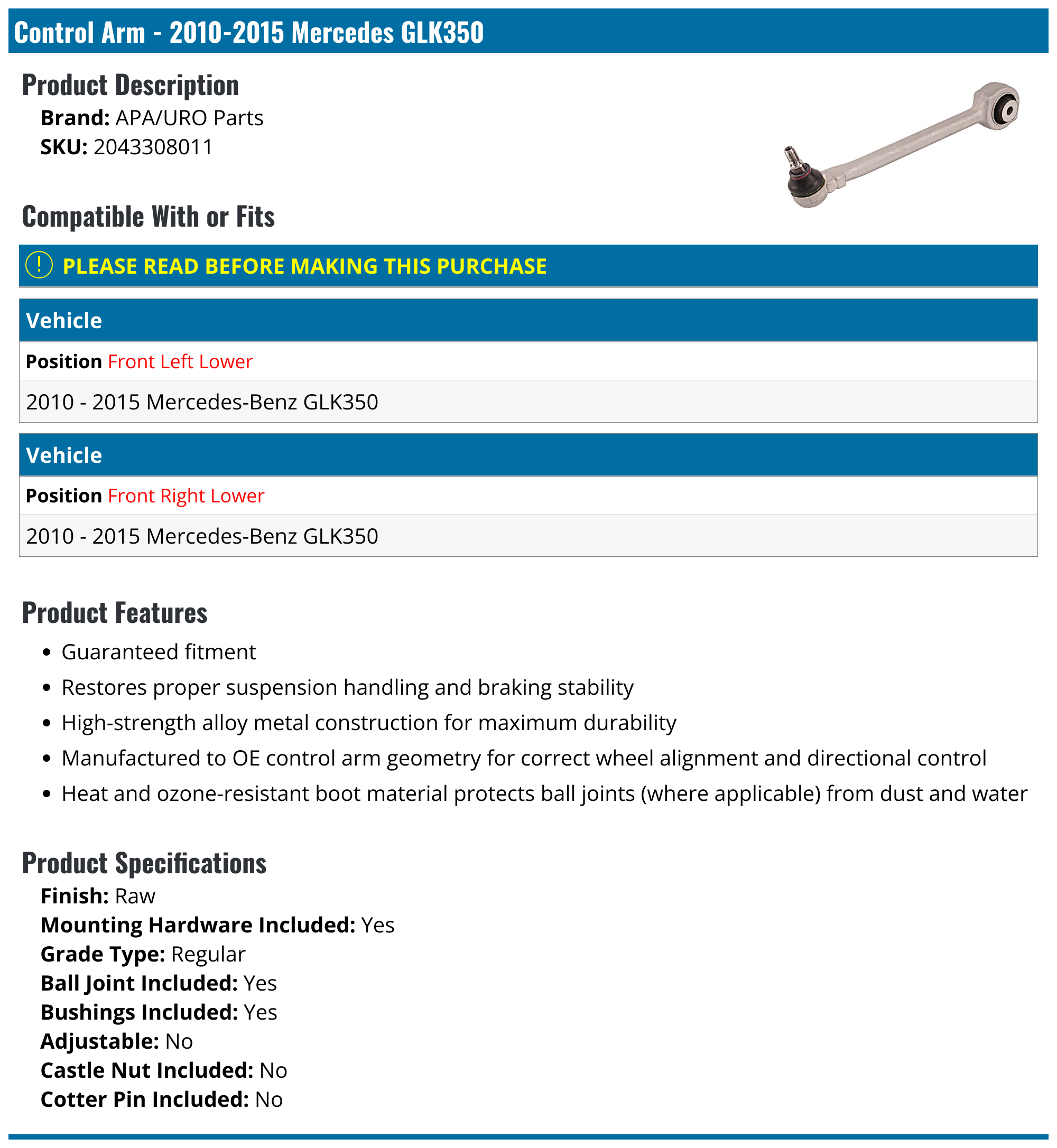 2010-2015 Mercedes GLK350 Control Arm - APA/URO Parts 2043308011 ...